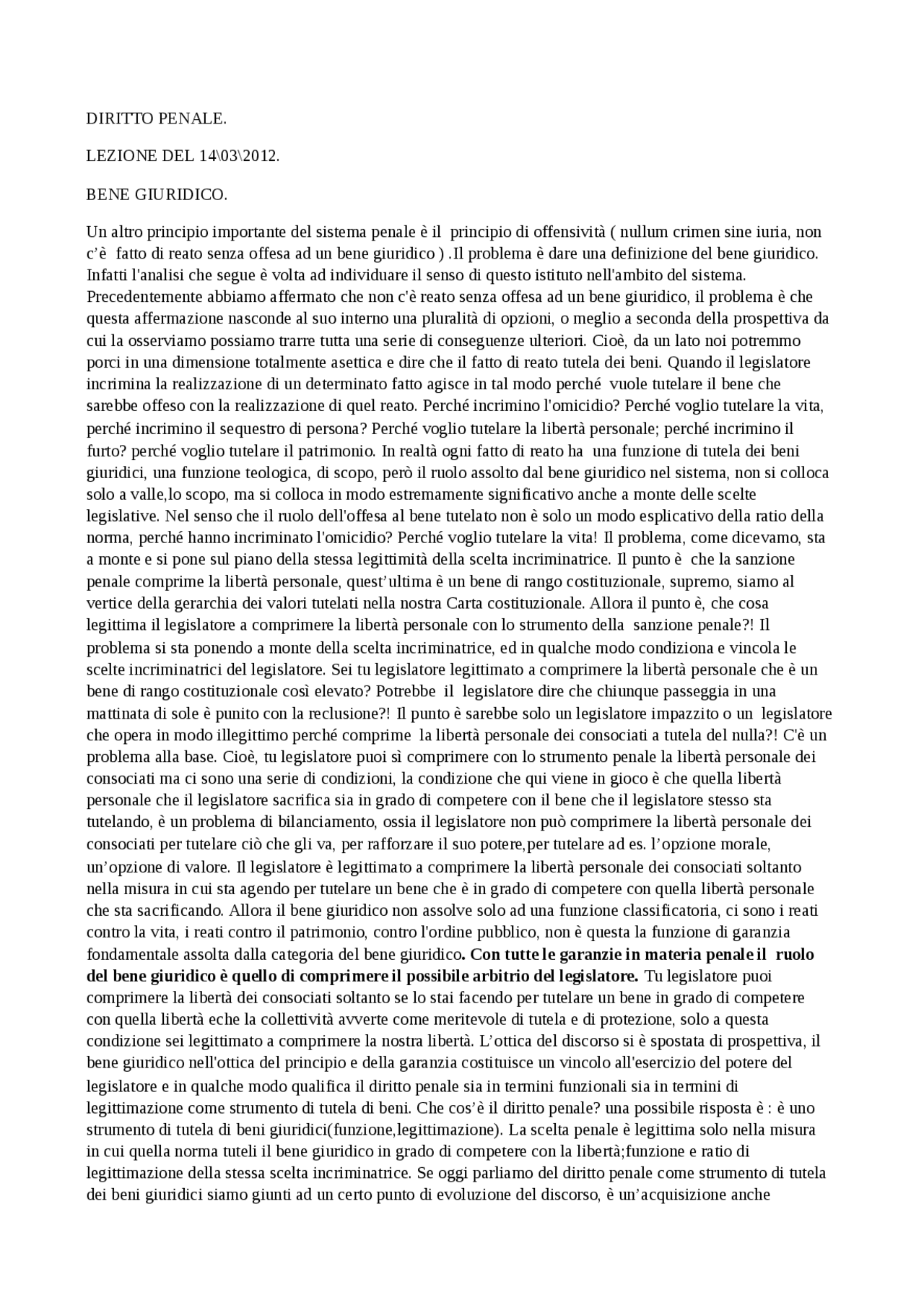 Bene Giuridico 1lezione 14marzox Docsity