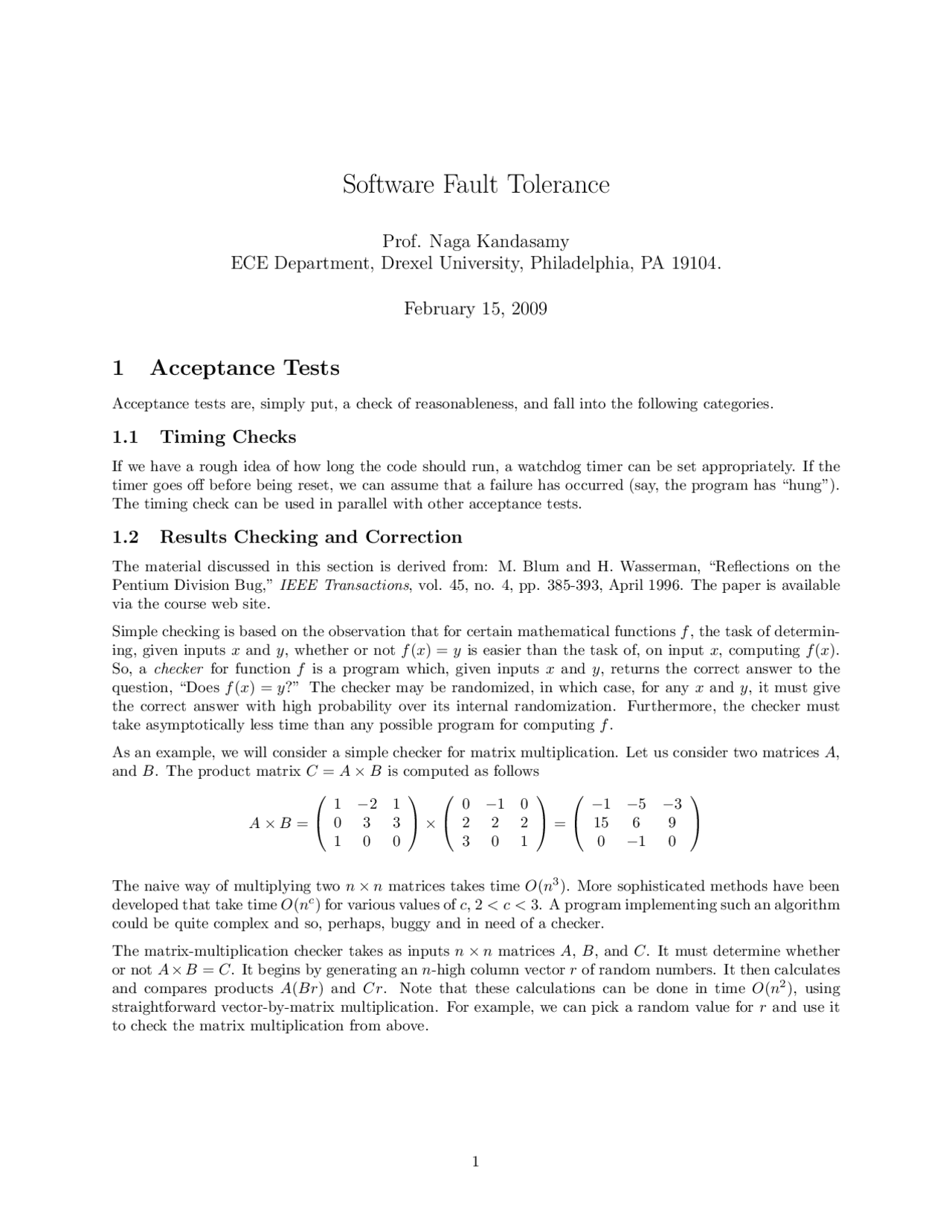 Software Fault Tolerance Dependable Computing Systems Lecture Notes