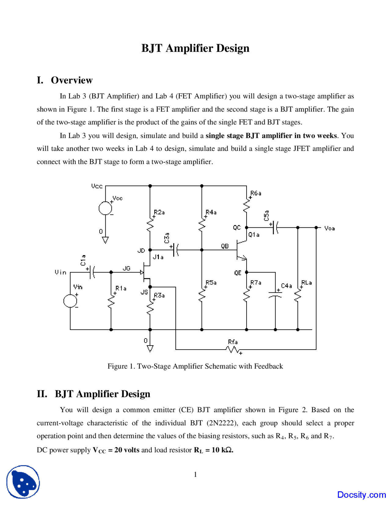 Amplifier Design Analog Electronics Lab Handout Docsity
