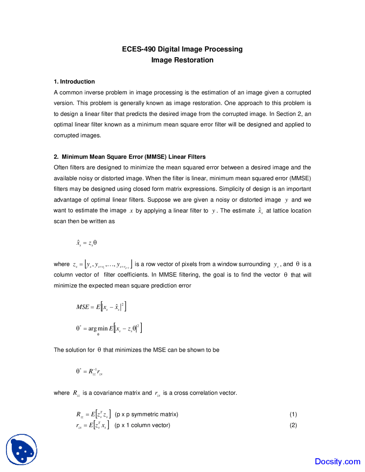 Image Restoration Digital Signal Processing Lab Handouts Docsity
