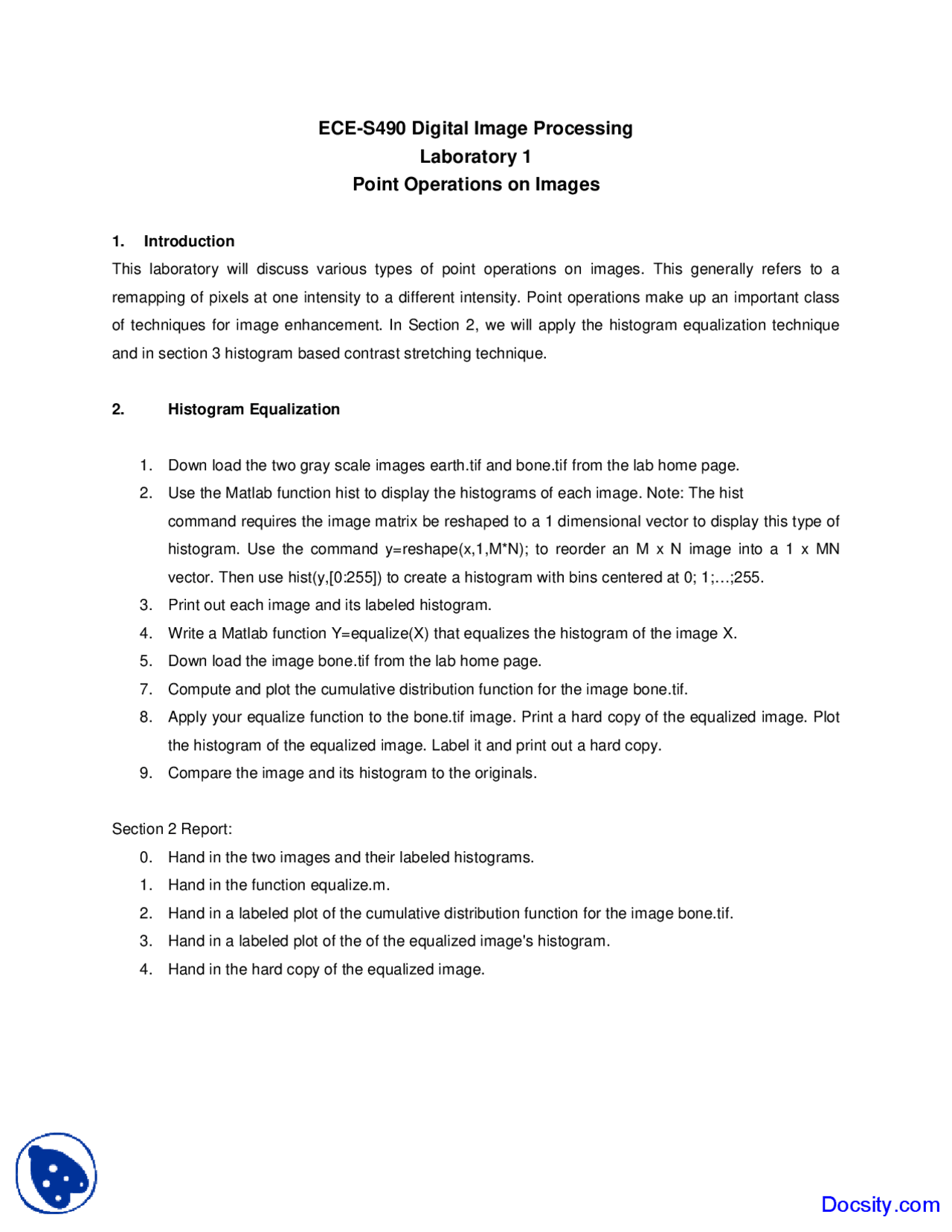Point Operations On Images Digital Signal Processing Lab Handouts