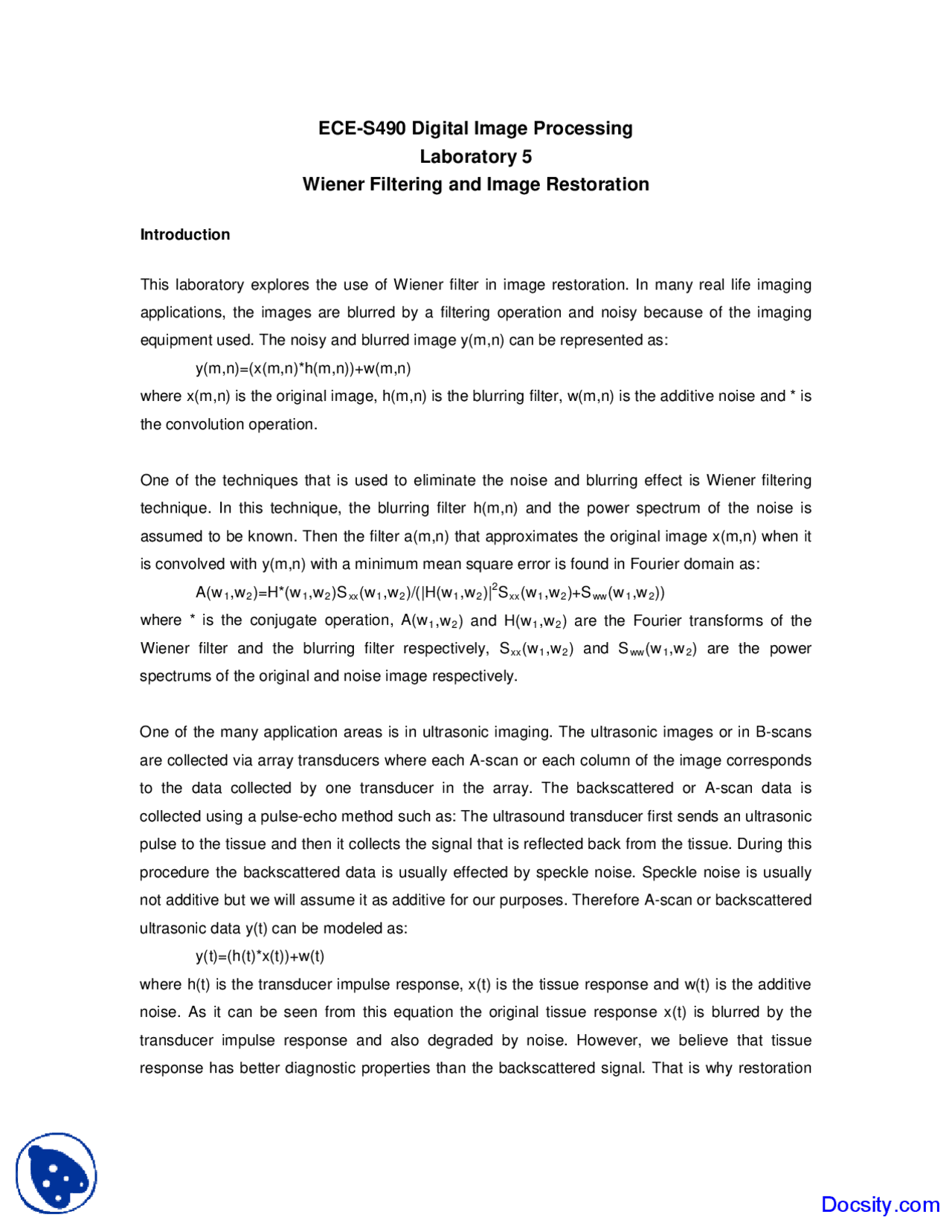 Wiener Filtering Digital Signal Processing Lab Handouts Lecture