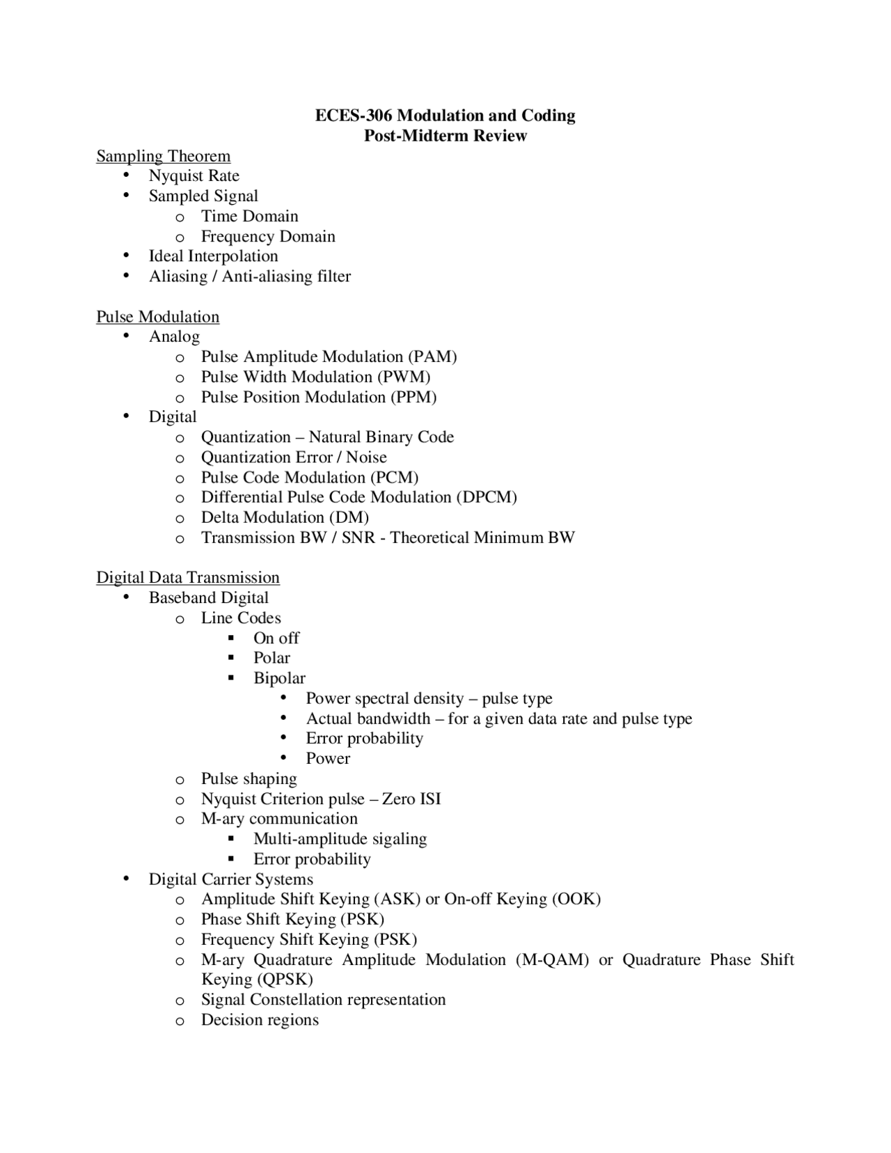 Modulation And Coding Analog And Digital Communications Outline