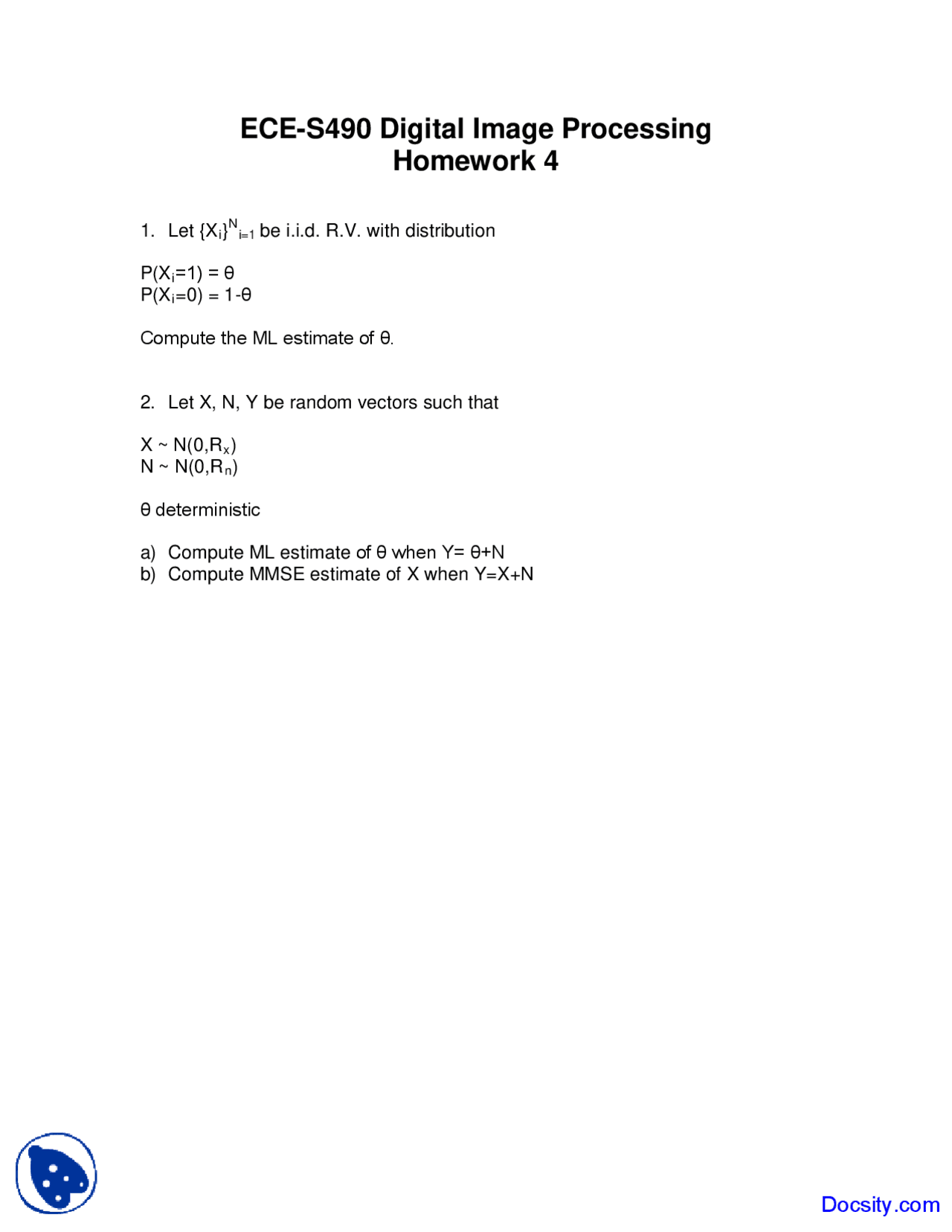 Random Vectors Digital Signal Processing Homework Docsity