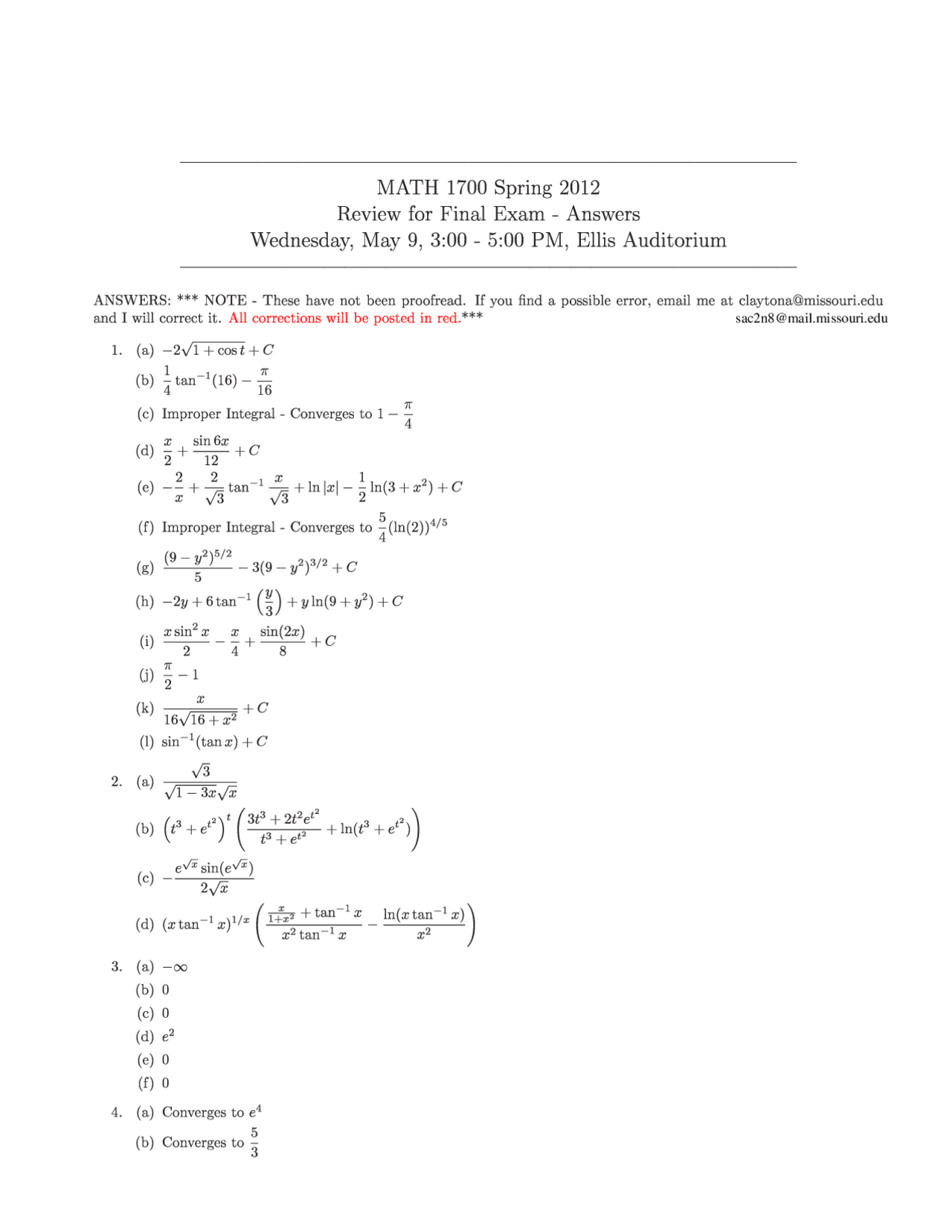 Final Exam Review with Solutions - Calculus II | MATH 1700 - Docsity