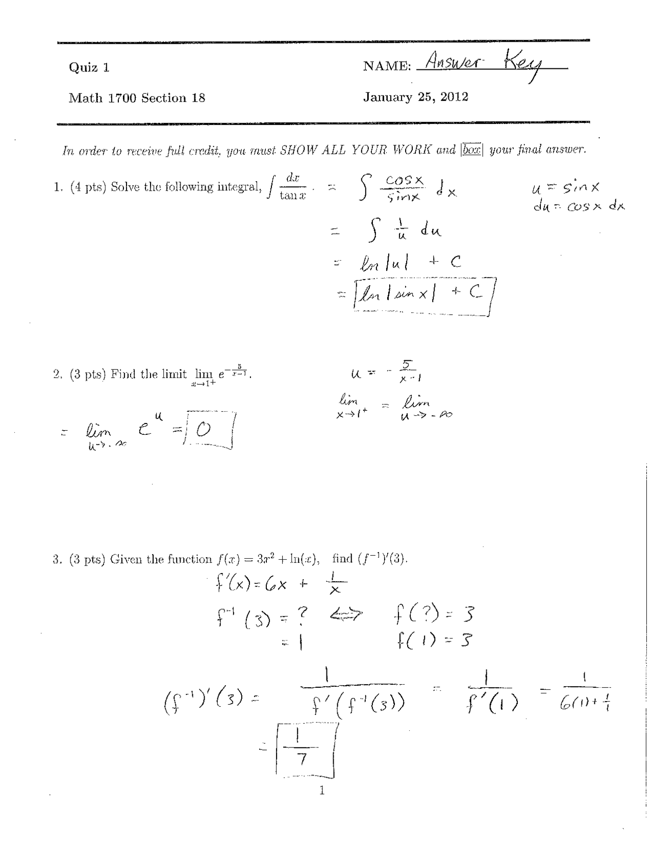 Quiz 1 Answer Key Calculus Ii Math 1700 Quizzes Calculus Docsity