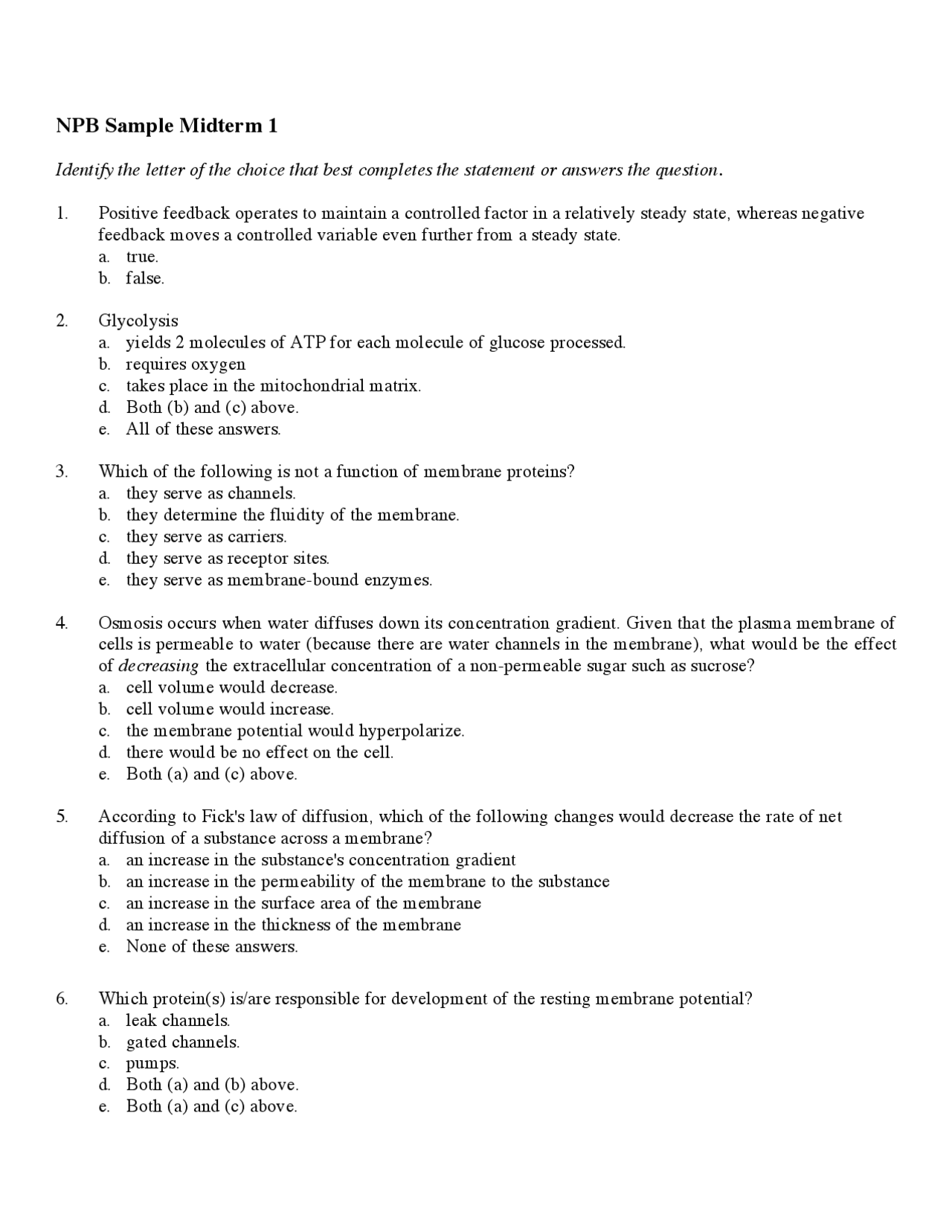Sample Midterm Exam For Systemic Physiology Npb 101 Docsity