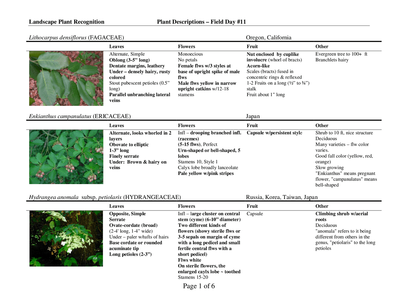 Plant Descriptions - Field Day-11 - Notes | ESRM 331 - Docsity