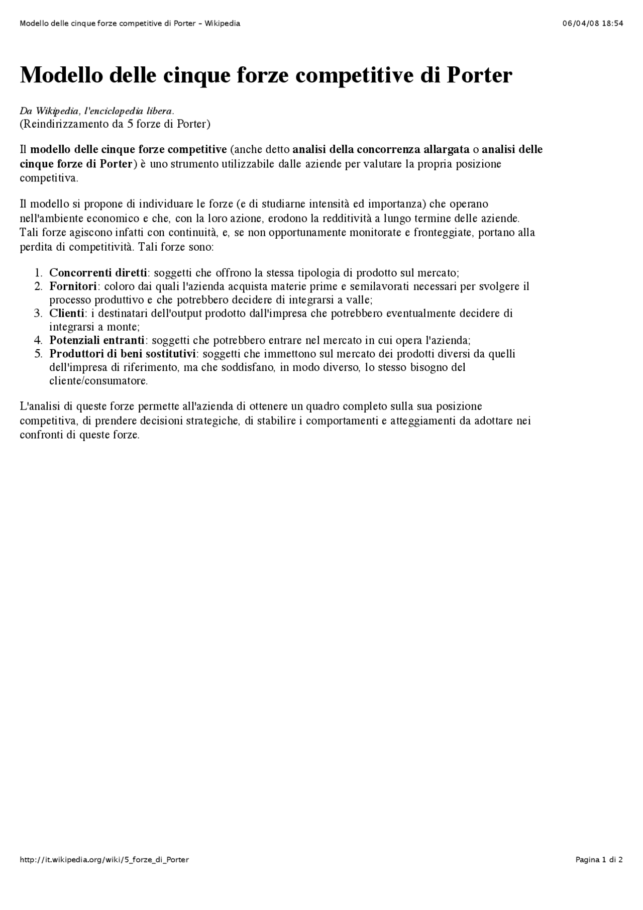 Modello delle cinque forze competitive di Porter - Docsity