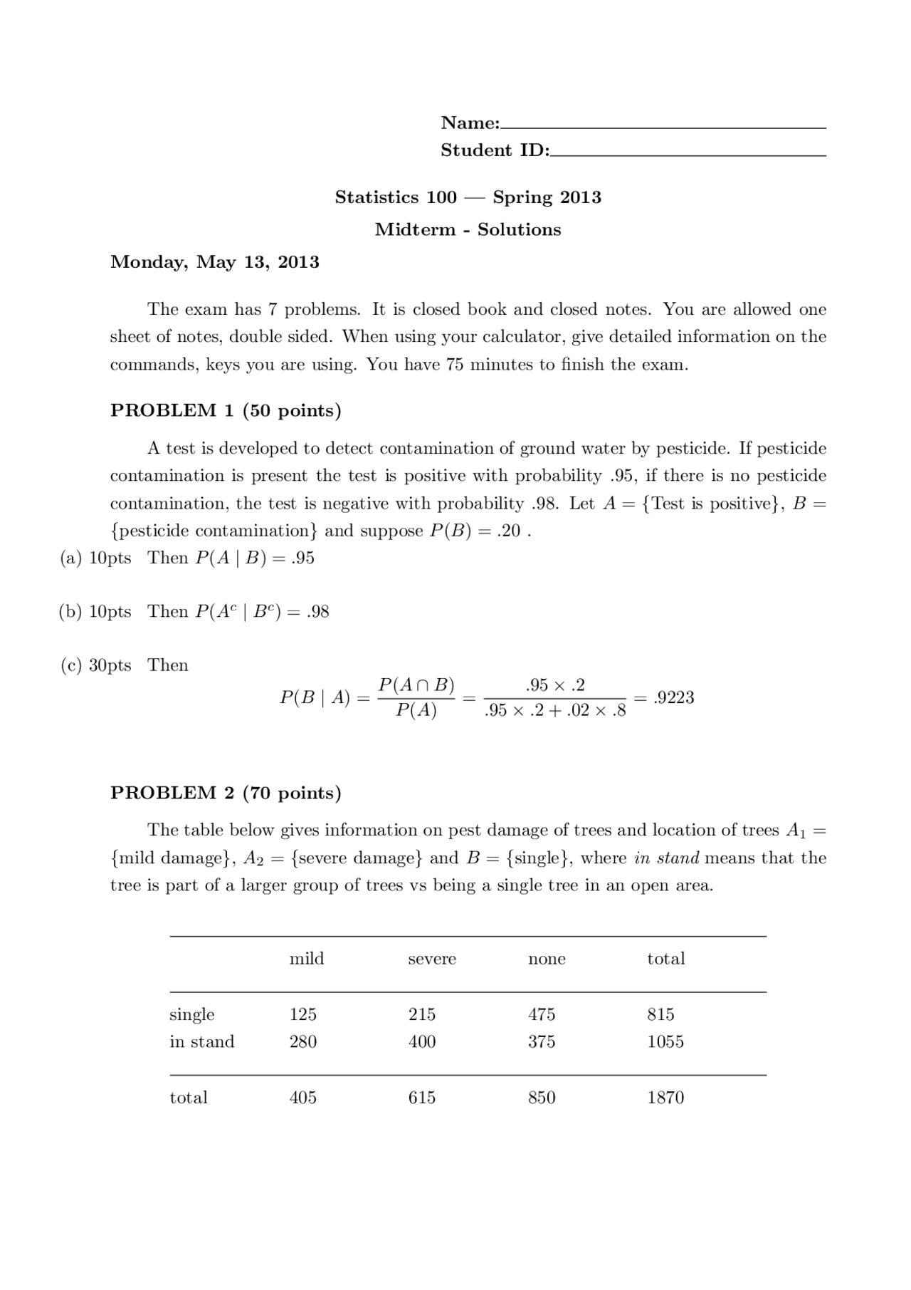 Applied Statistics for the Biological Sciences - Midterm - Solution | STA 100 | Exams Statistics ...