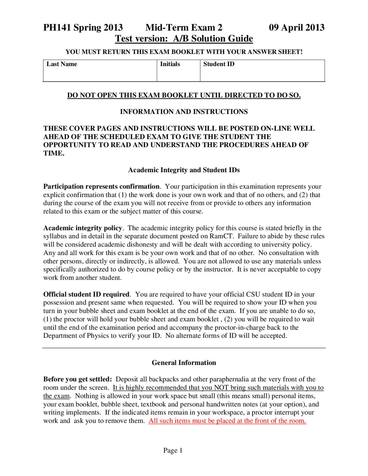 Midterm Exam 2 With Solutions Physics For Scientists And Engineers I