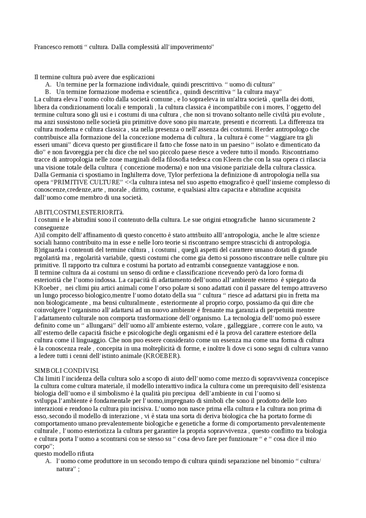 Francesco Remotti Cultura Dalla Complessità Allimpoverimento Docsity