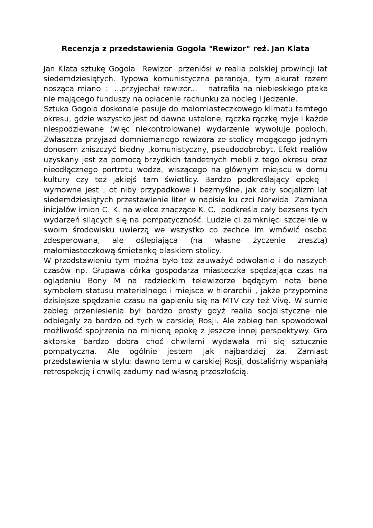 Recenzja z przedstawienia Gogola 'Rewizor' - Notatki - Kulturoznawstwo ...