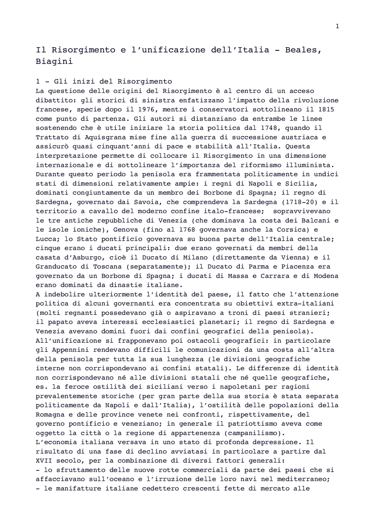 Storia del Risorgimento - Riassunto - Università di Roma La Sapienza - Docsity