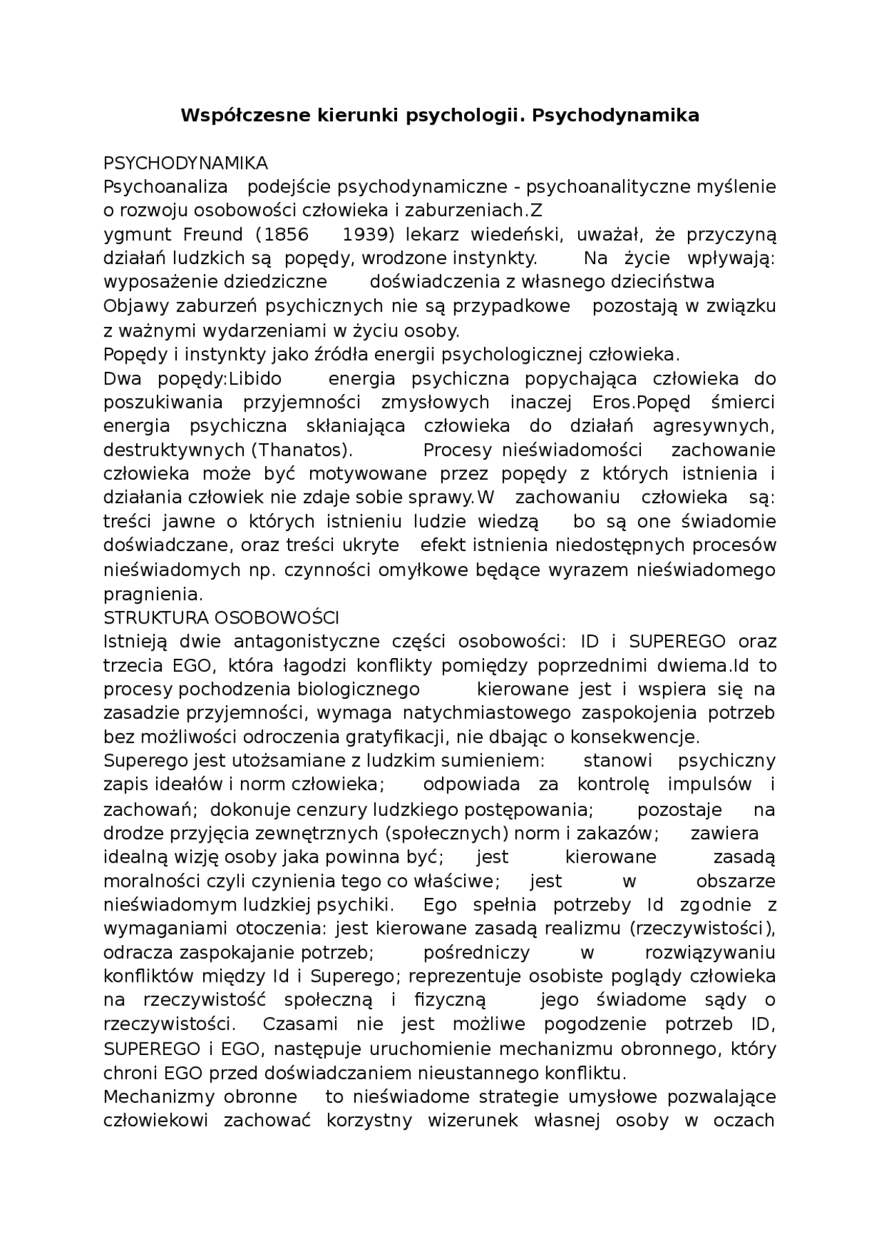 Psychodynamika Notatki Psychologia Docsity