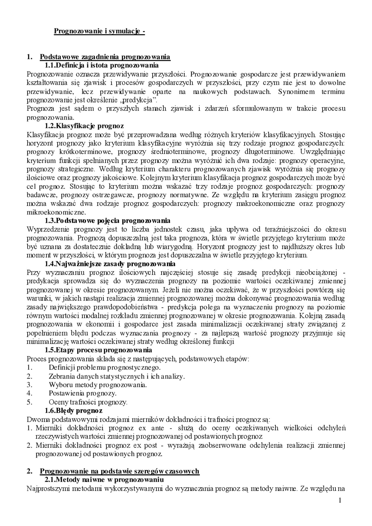 Podstawowe zagadnienia prognozowania - Notatki - Ekonometria | Notatki Ekonometria | Docsity