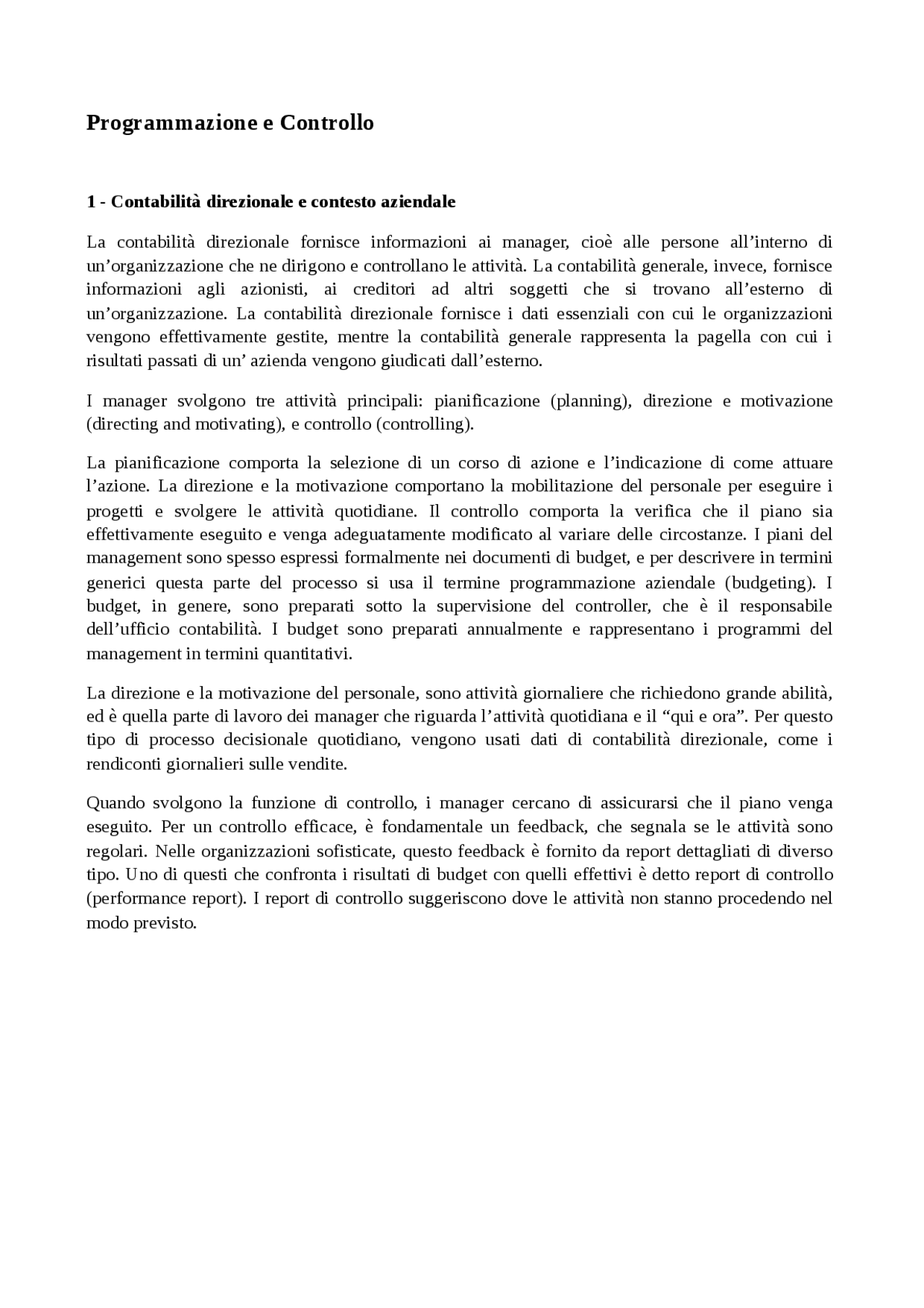 Riassunto Programmazione E Controllo Docsity