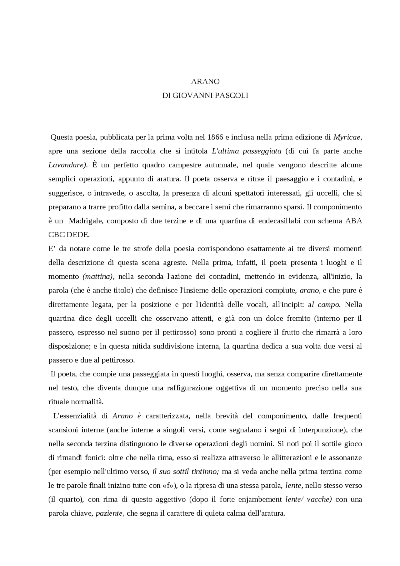 Arano - commento personale - letteratura italiana - Docsity
