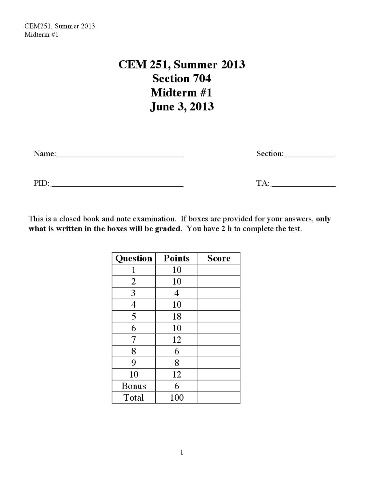 Midterm Exam 1 Questions Organic Chemistry I Cem 251 Docsity