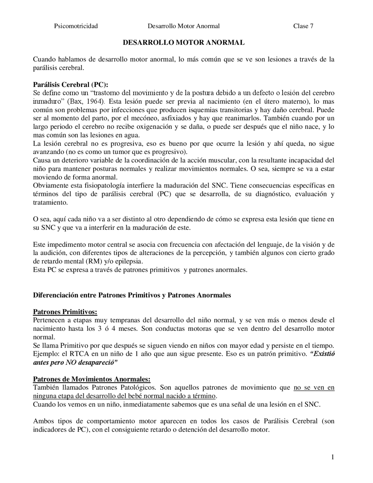 Desarrollo Motor Anormal Apuntes Psicomotricidad Docsity