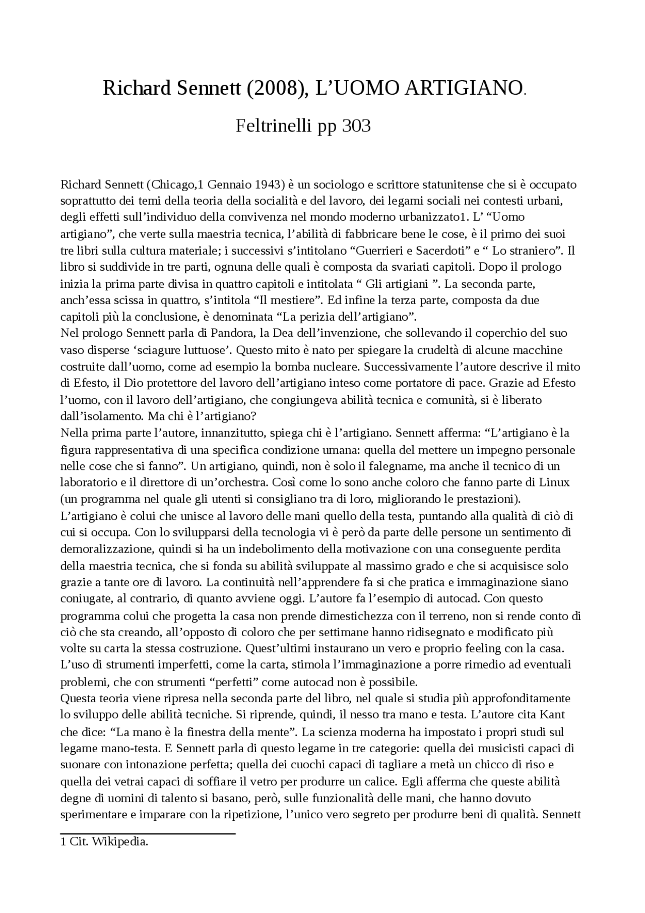 Richard Sennett Luomo Artigiano Docsity