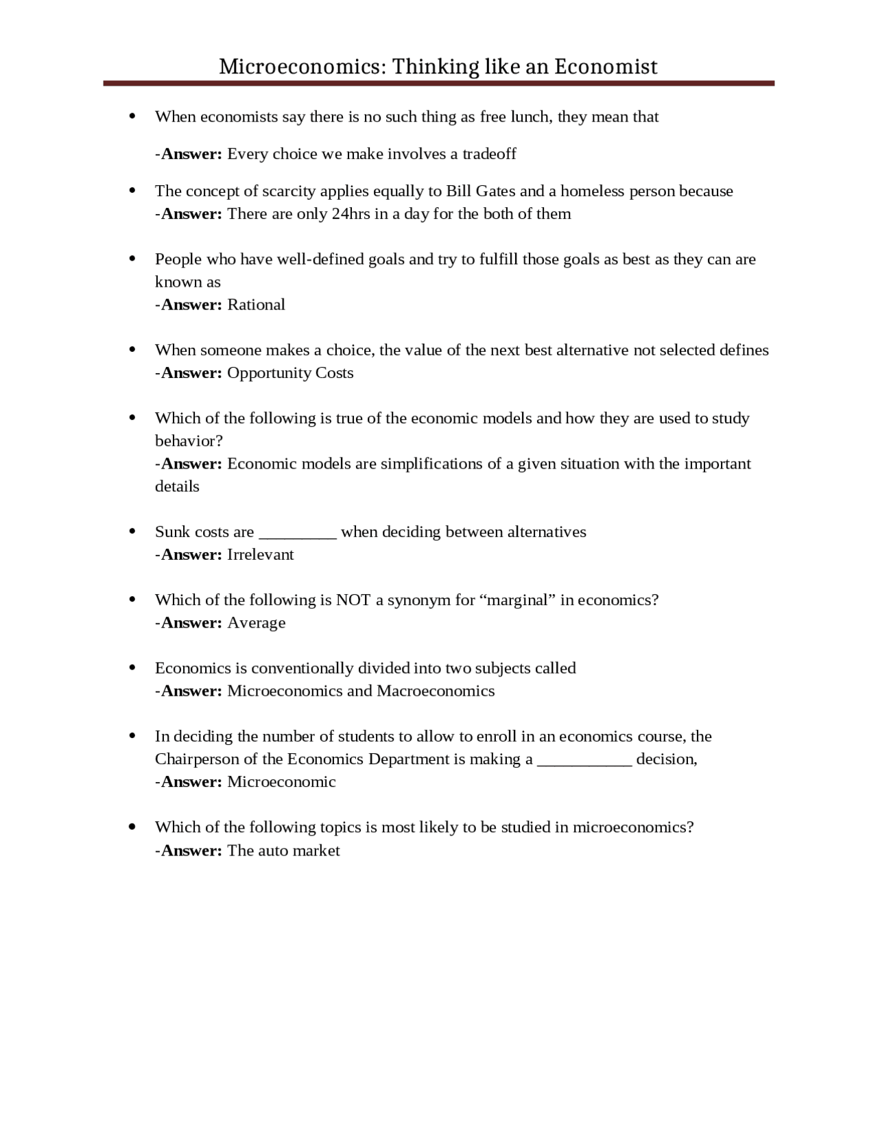 Microeconomics: Thinking like an Economist - Review Sheet | ECO 2314 ...