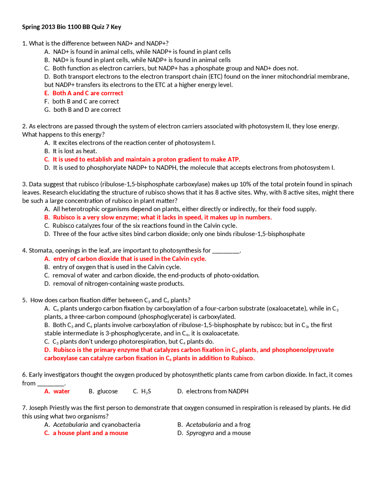 Quiz 7 Key - Principles of Biology for Majors | BIOL 1100 - Docsity
