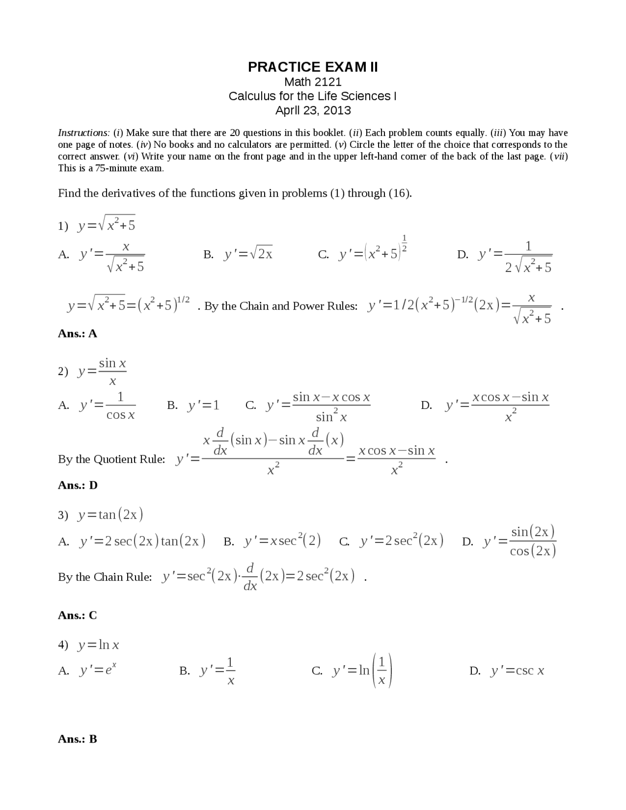 Practice Final Exam With Solutions Calculus For Life Science Math