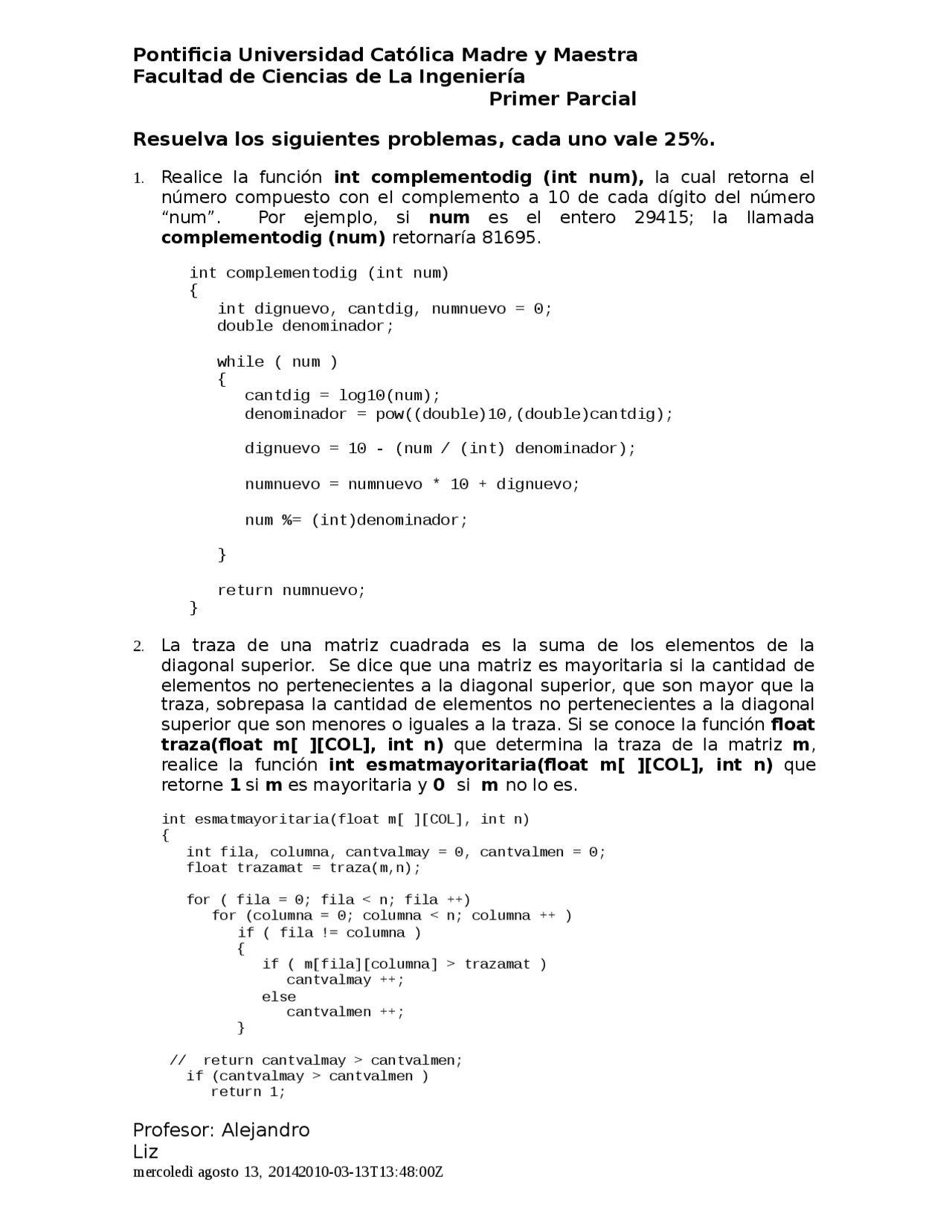 Práctica De Algoritmos Exámen De Ingeniería De Sistemas Y Computación
