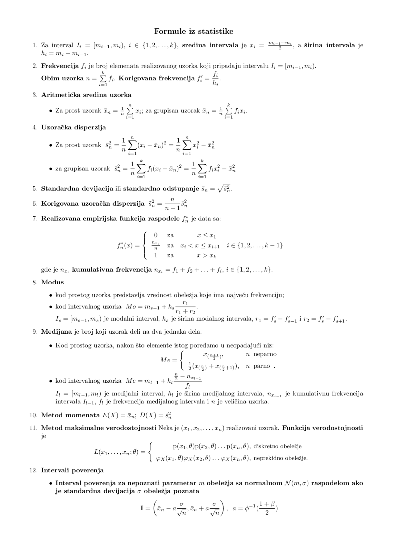 Formule Za Statistiku Rezime Predlog Matematika Docsity