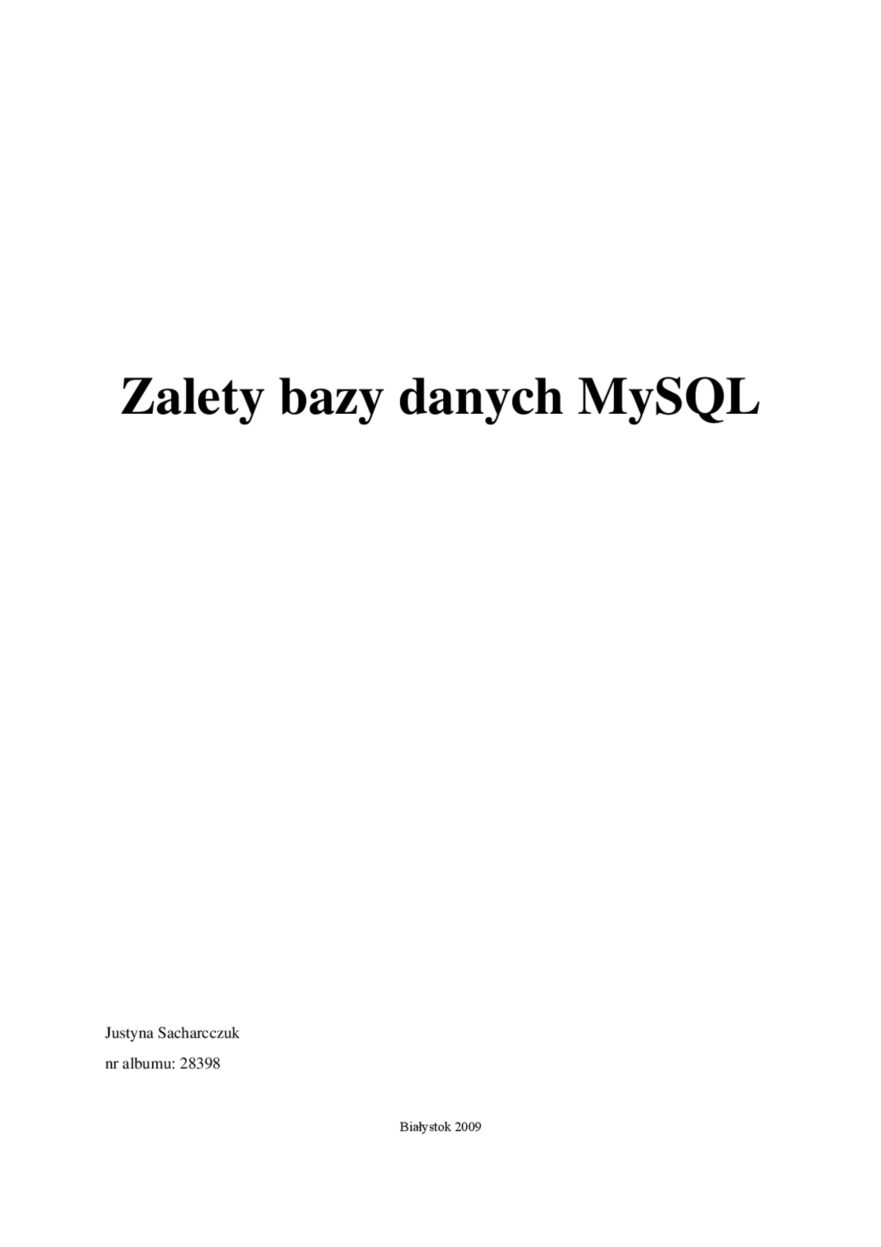 Zalety Bazy Danych Mysql Notatki Informatyk Docsity