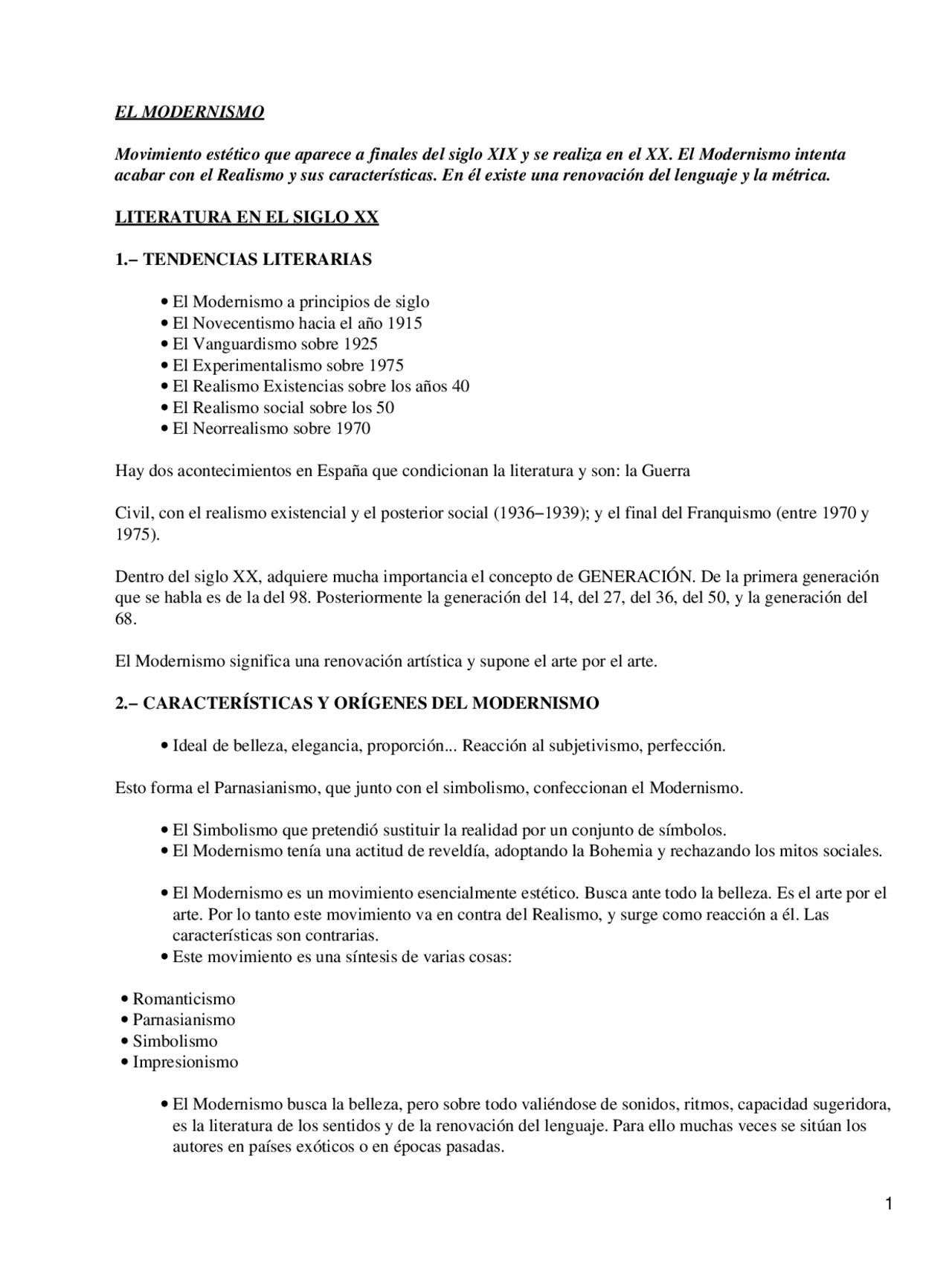El Modernismo - Apuntes - Literatura - Docsity