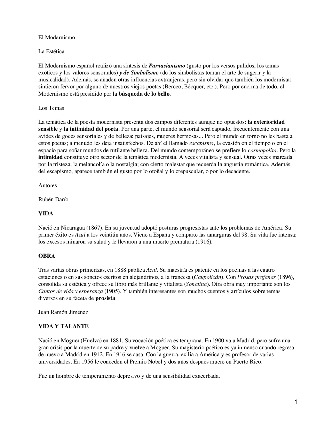 El Modernismo - Apuntes - Literatura - Docsity