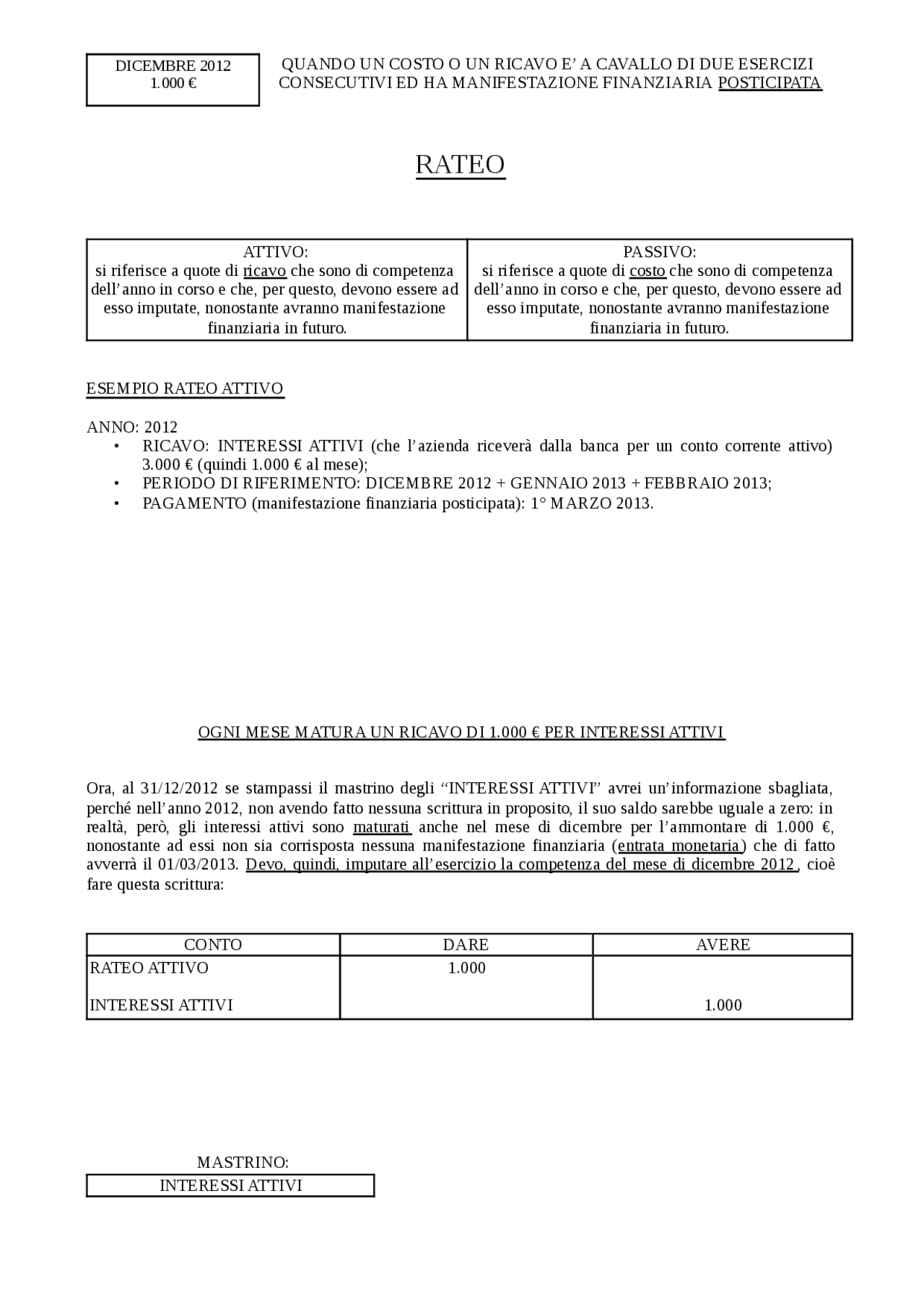 Schema esplicativo sul rateo | Appunti di Economia Aziendale | Docsity