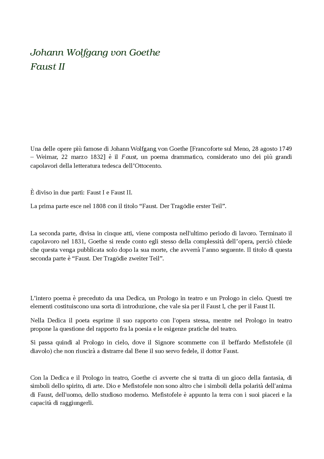 Johann Wolfgang Von Goethe Faust Ii Docsity