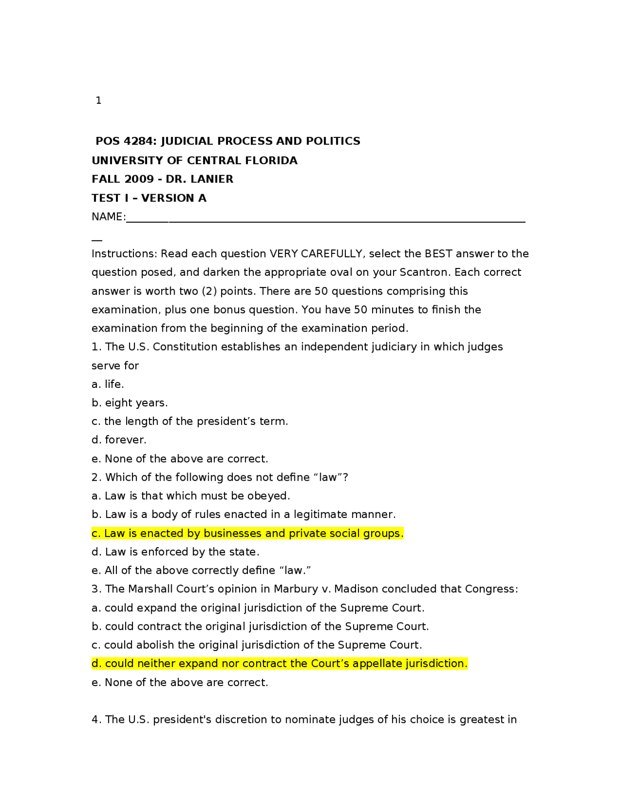 Past Test 1 Version A with Answer Key - Judicial Process and Politics ...