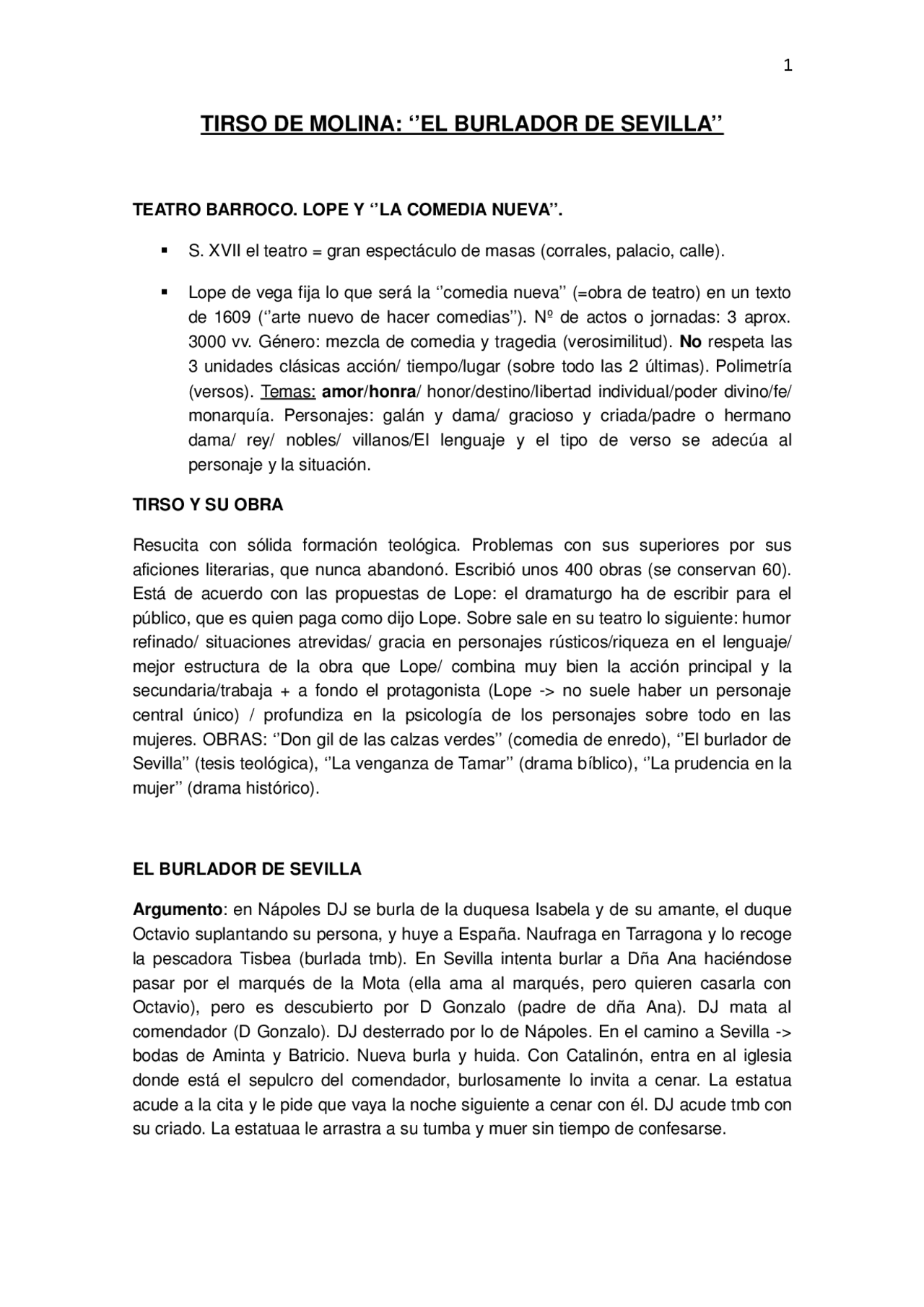 Tirso de Molina: ‘’El burlador de Sevilla’’ - Apuntes - Literatura ...