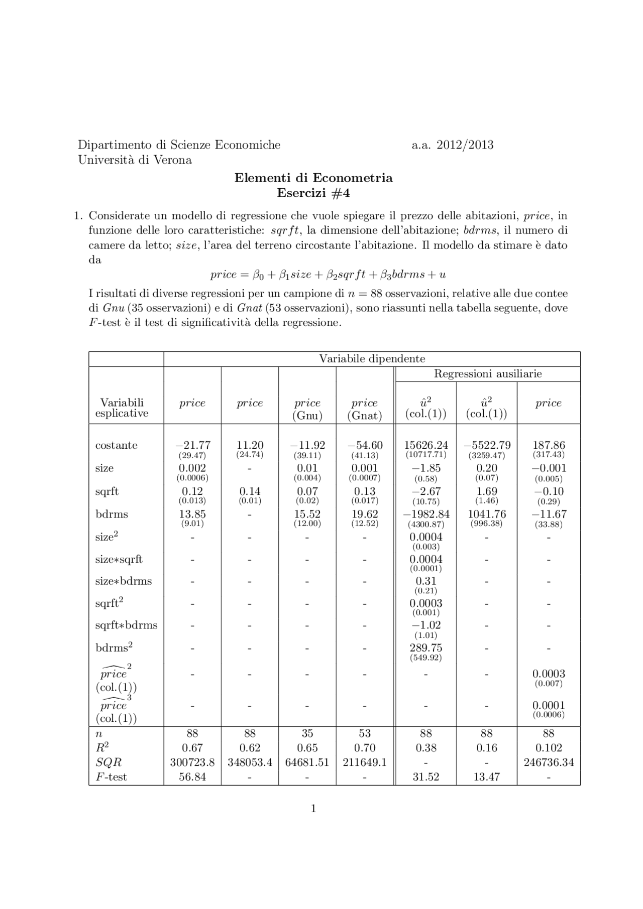 Esercizi4 econometria - Docsity