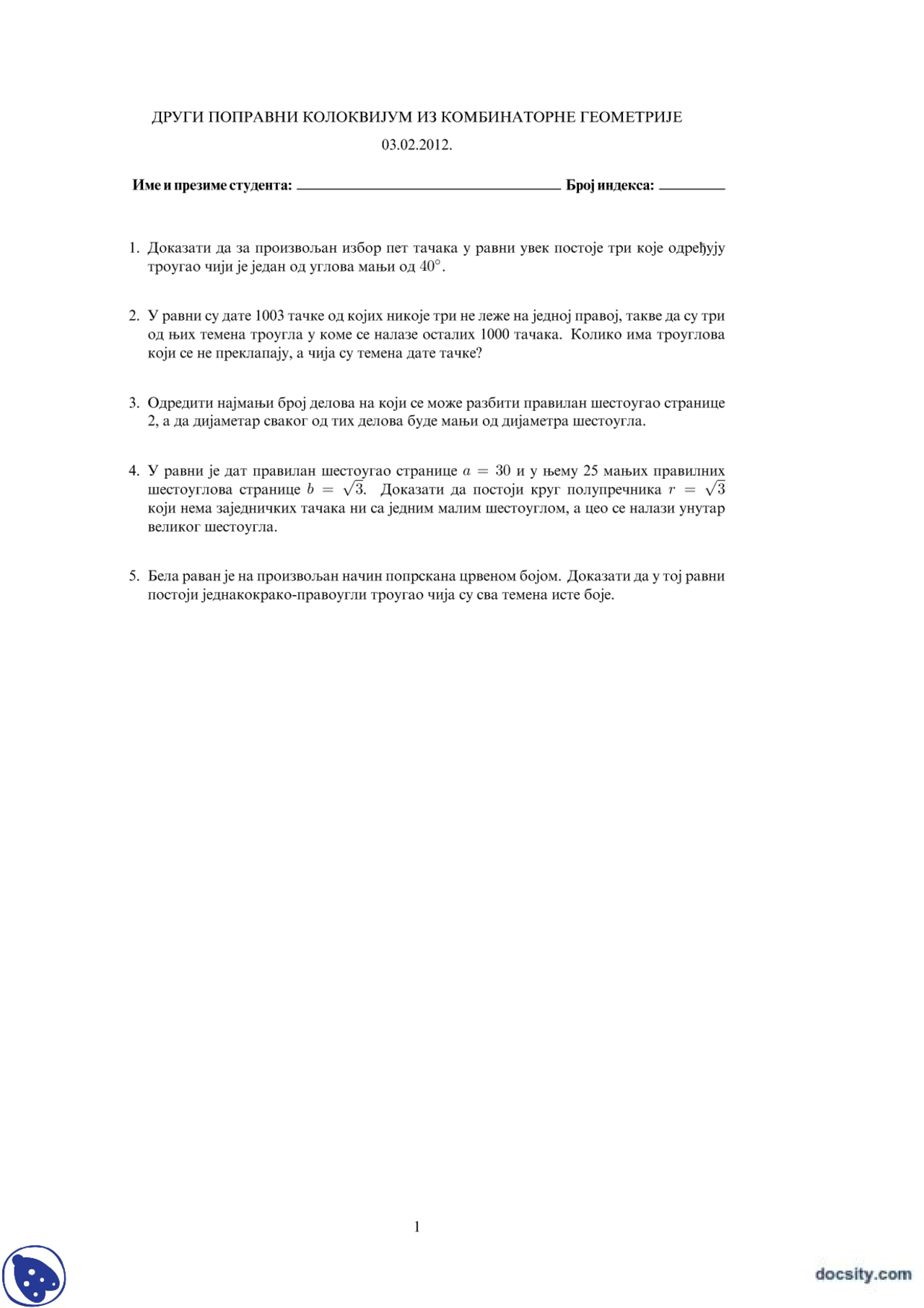 Kolokvijum-Ispit-Kombinatorna geometrija-Matematika (4) | Ispiti' predlog Nacrtna geometrija ...