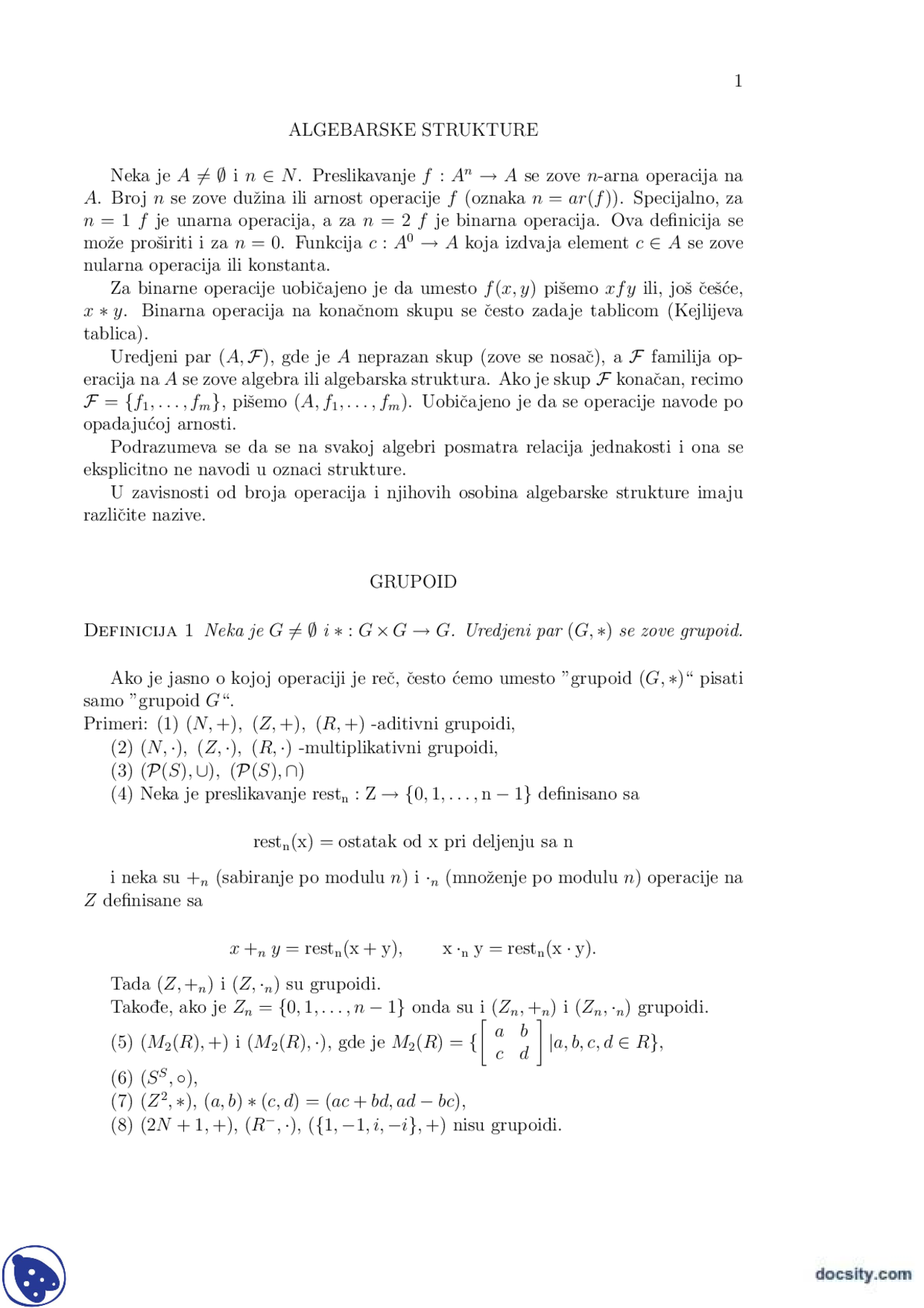 Algebarske strukture-Vezbe-Algebarske strukture-Matematika | Vežbe' predlog Algebra - Docsity