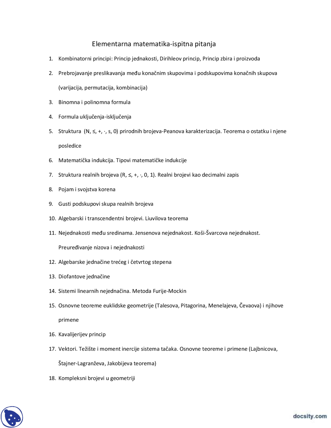 Ispitna pitanja-Ispit-Elementarna matematika-Matematika | Ispiti' predlog Elementarna matematika ...