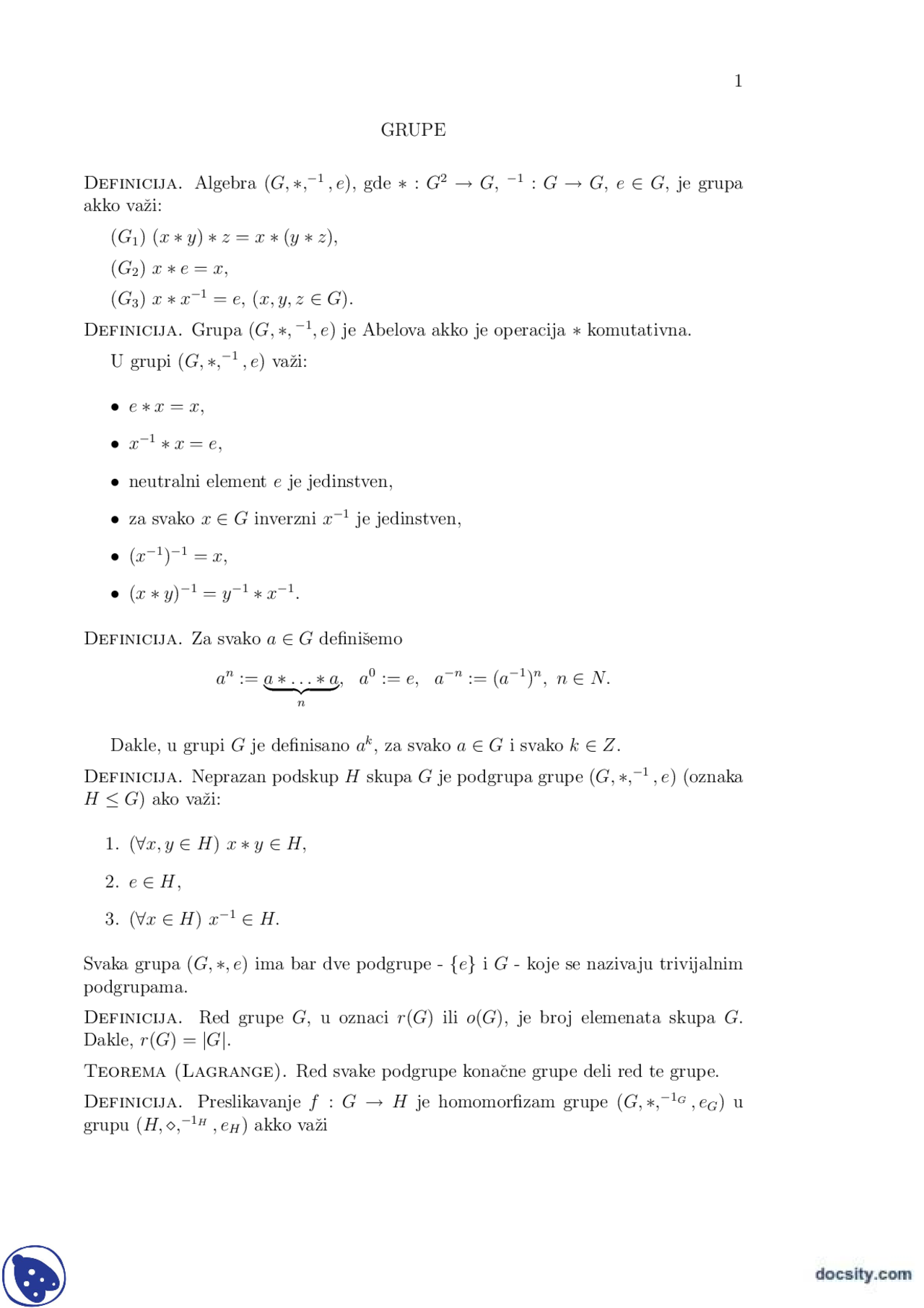Grupe-Vezbe-Algebarske strukture-Matematika | Vežbe' predlog Algebra - Docsity