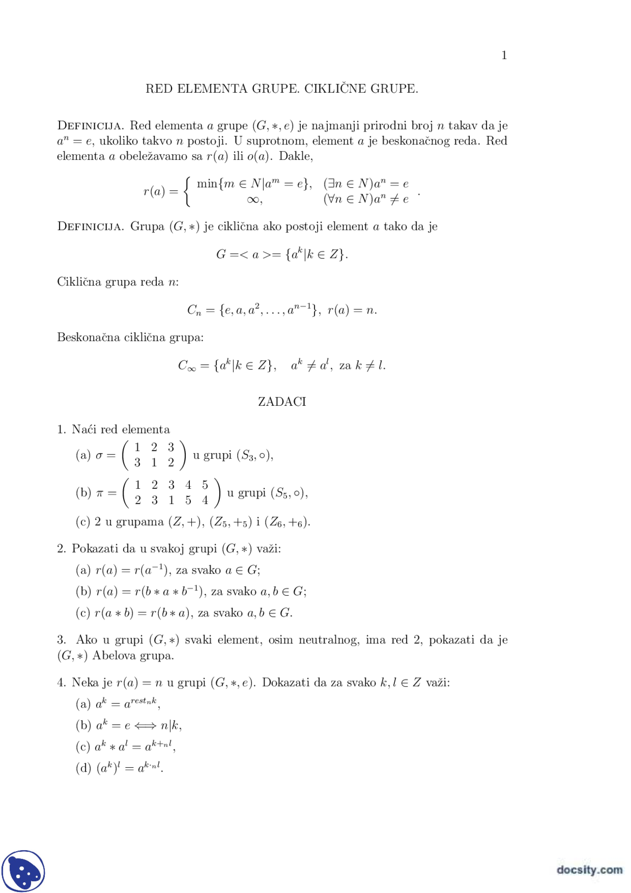 Red elementa grupe-Vezbe-Algebarske strukture-Matematika | Vežbe' predlog Algebra - Docsity
