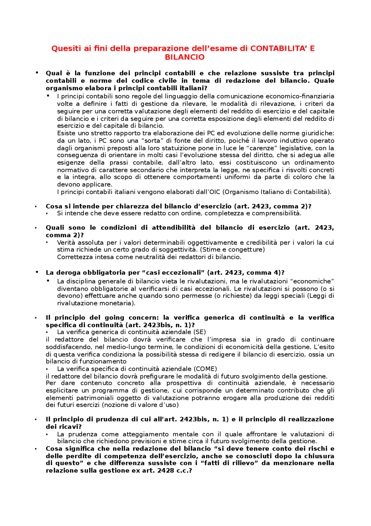 Quesiti contabilità e bilancio - Docsity