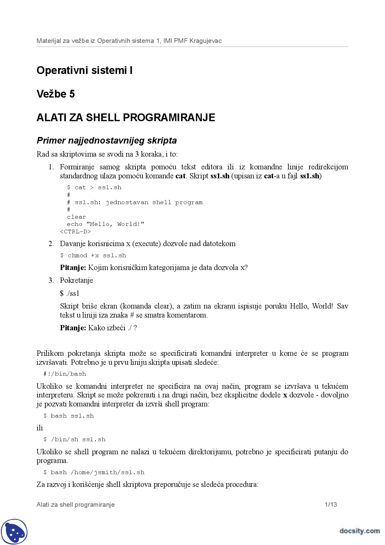 ALATI ZA SHELL PROGRAMIRANJE-Vezbe-Operativni sistemi 1-Informatika | Vežbe' predlog Operativni ...