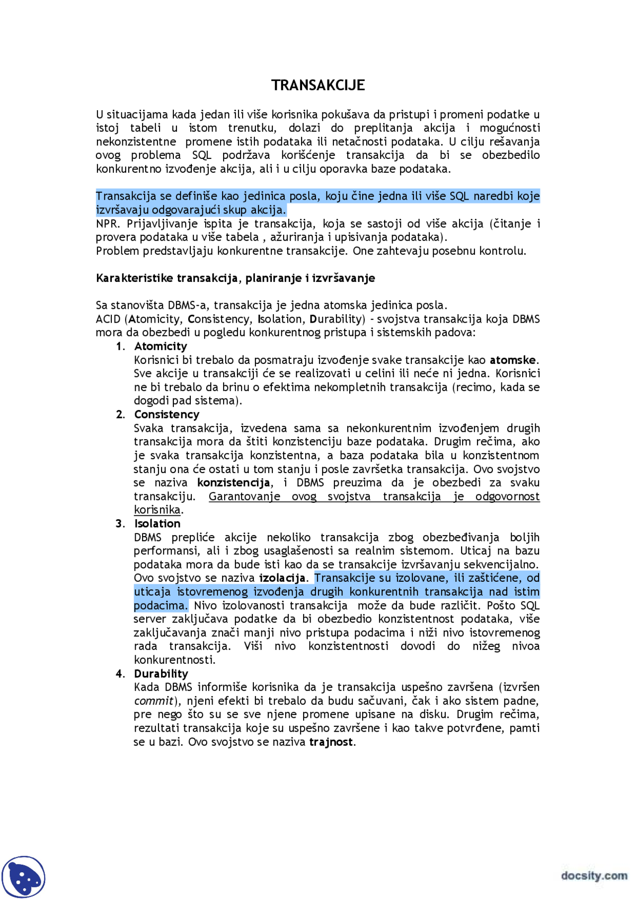 TRANSAKCIJE-Vezbe-Baze podataka 1-Informatika | Vežbe' predlog Baze podataka - Docsity