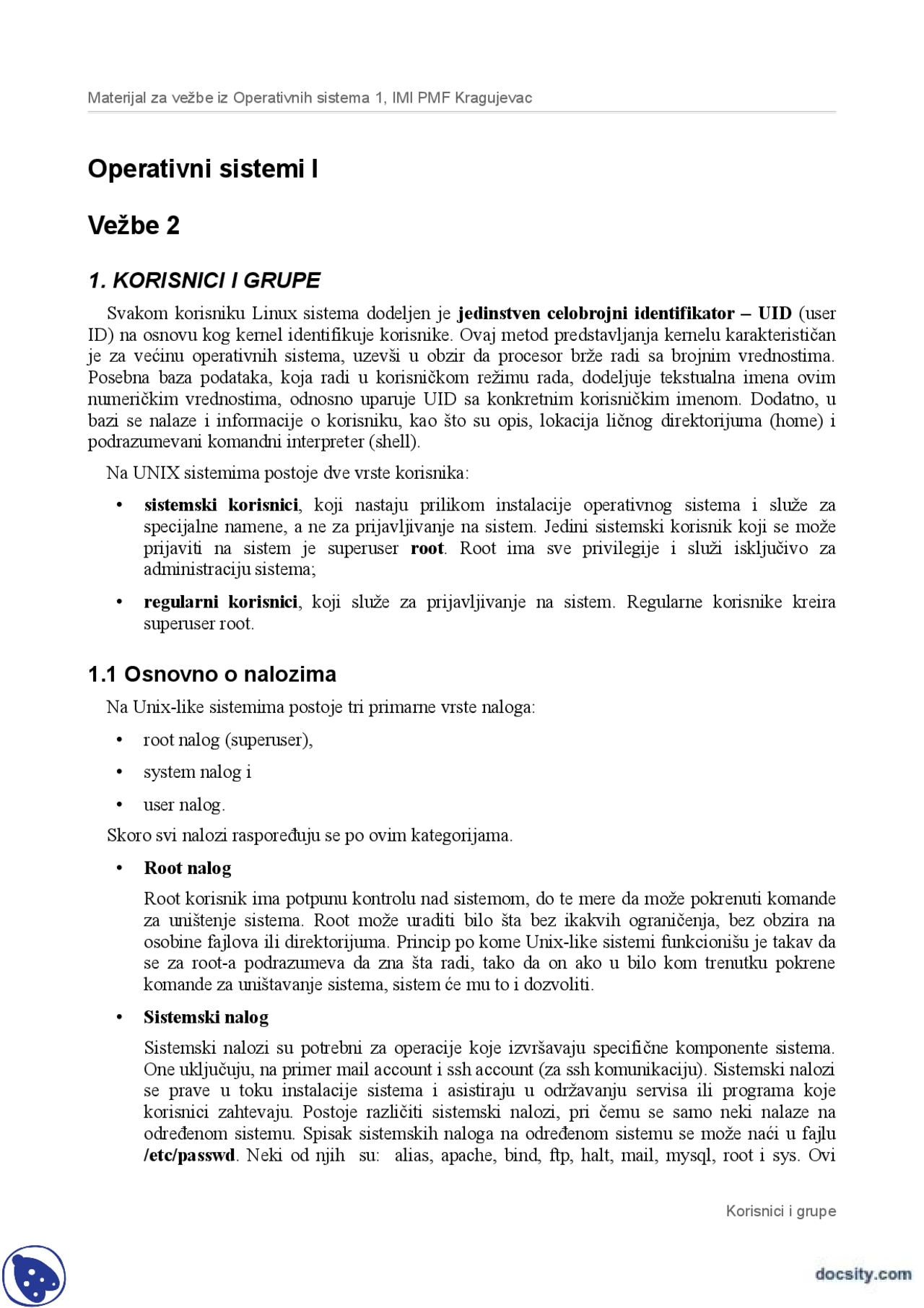 Korisnici I Grupe Vezbe Operativni Sistemi 1 Informatika Vežbe