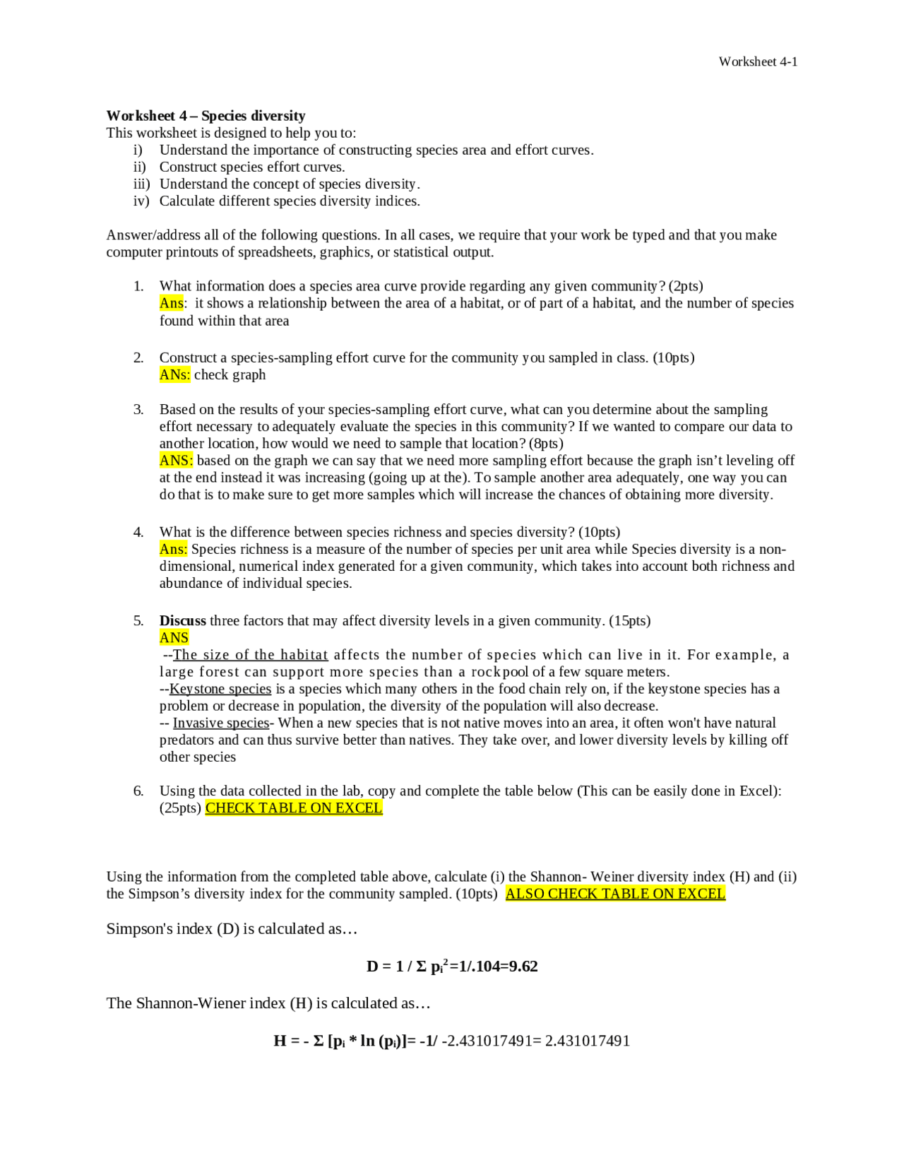 Worksheet 4 With Answers Ecology Lab Pcb 3043l Docsity
