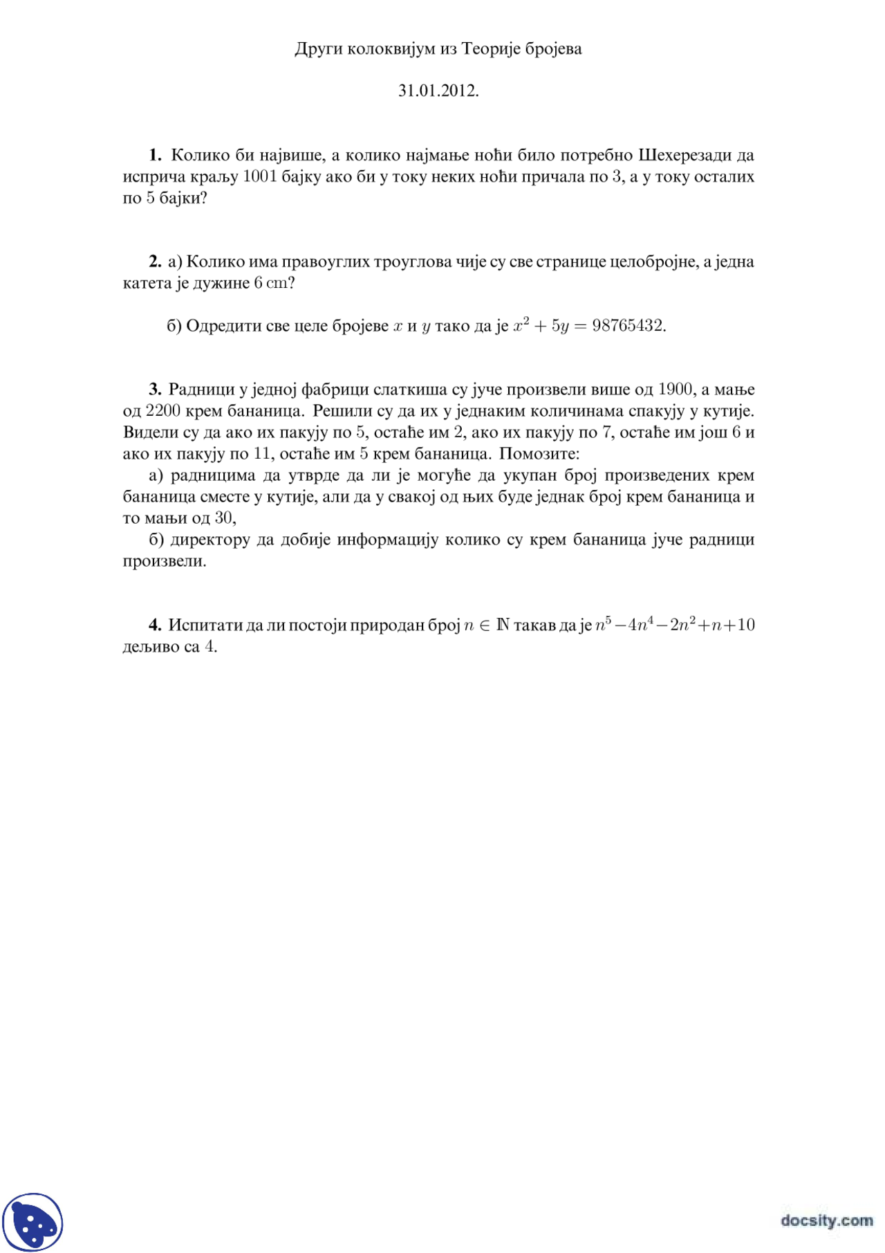 Drugi kolokvijum-Ispit-Teorija brojeva-Matematika (2) | Ispiti' predlog Matematika - Docsity