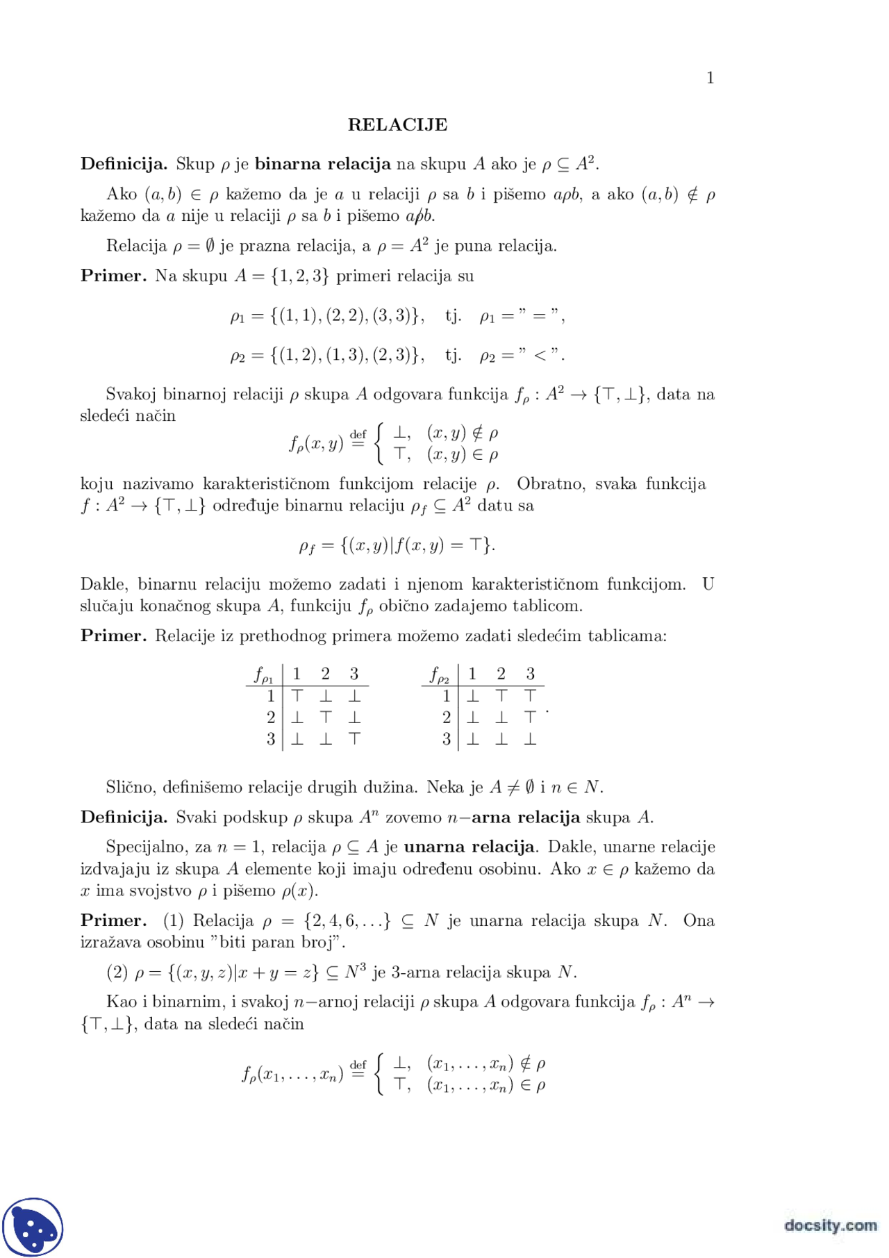 Relacije-Beleska-Matematicka logika i teorija skupova-Matematika | Beleške' predlog Logika - Docsity